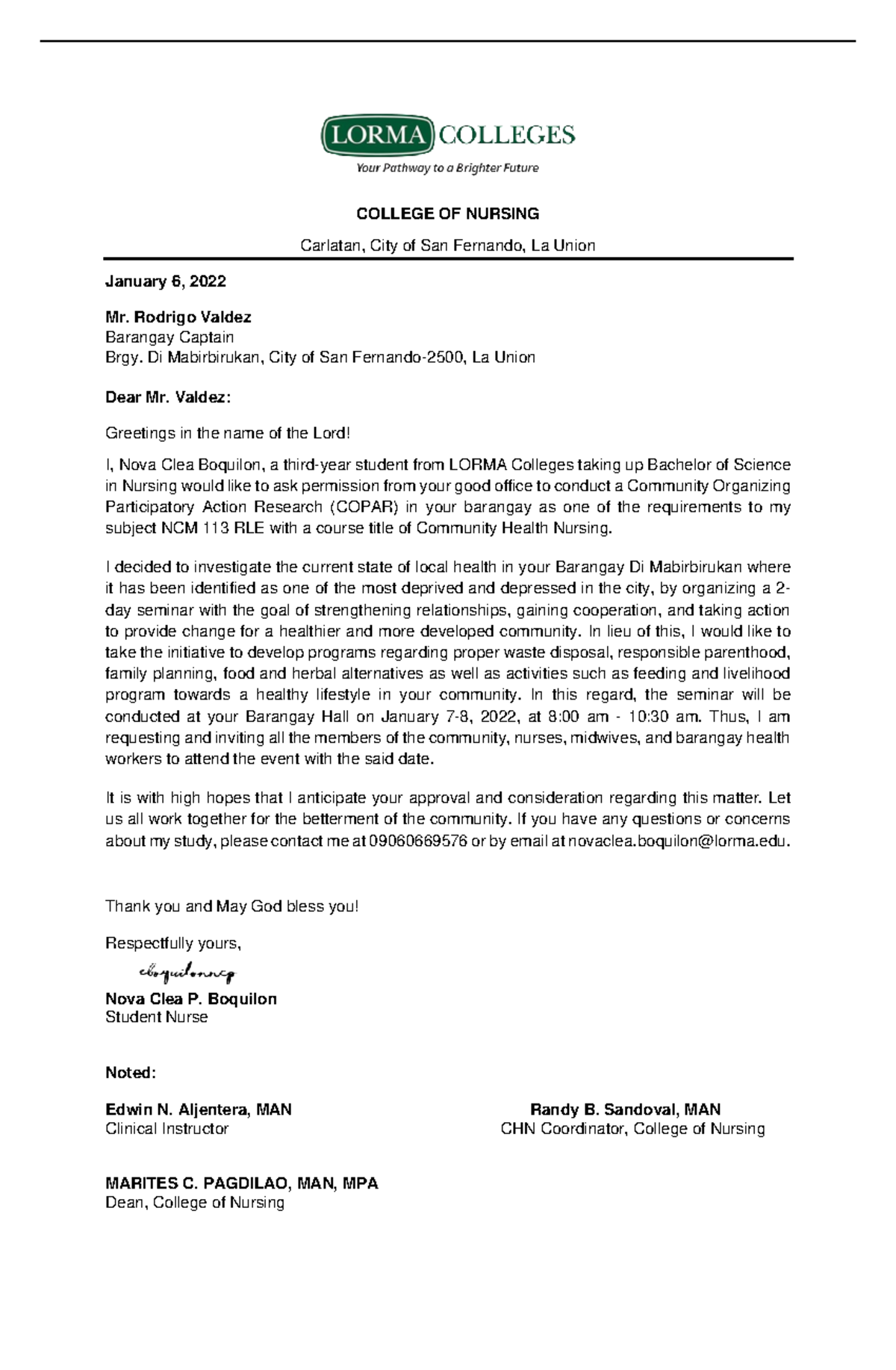 Boquilon- Letter of Entry - COLLEGE OF NURSING Carlatan, City of San ...