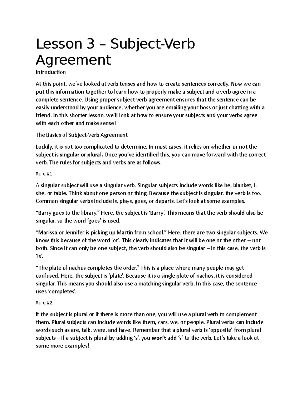 Lesson 3 – Subject-Verb Agreement - Lesson 3 – Subject-Verb Agreement ...