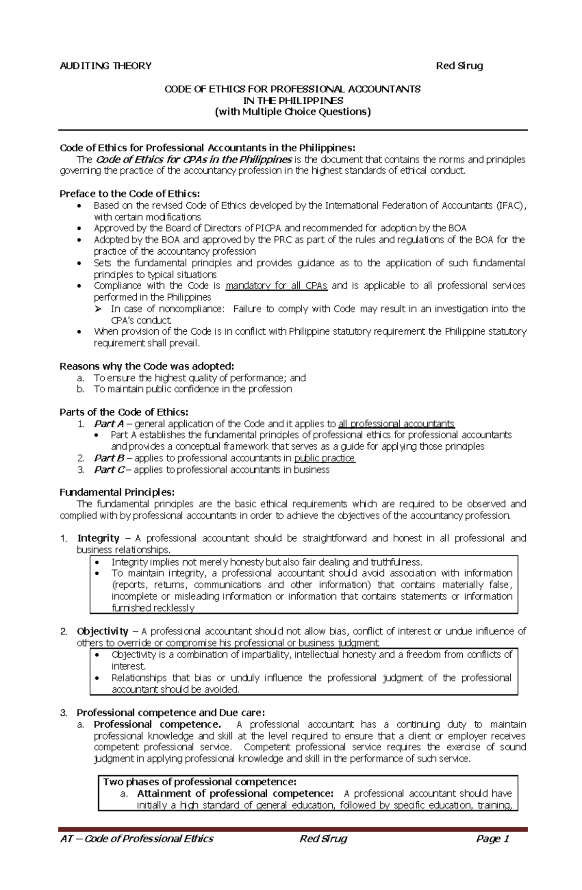 AT Codeof Ethics - AUDITING THEORY Red Sirug CODE OF ETHICS FOR ...