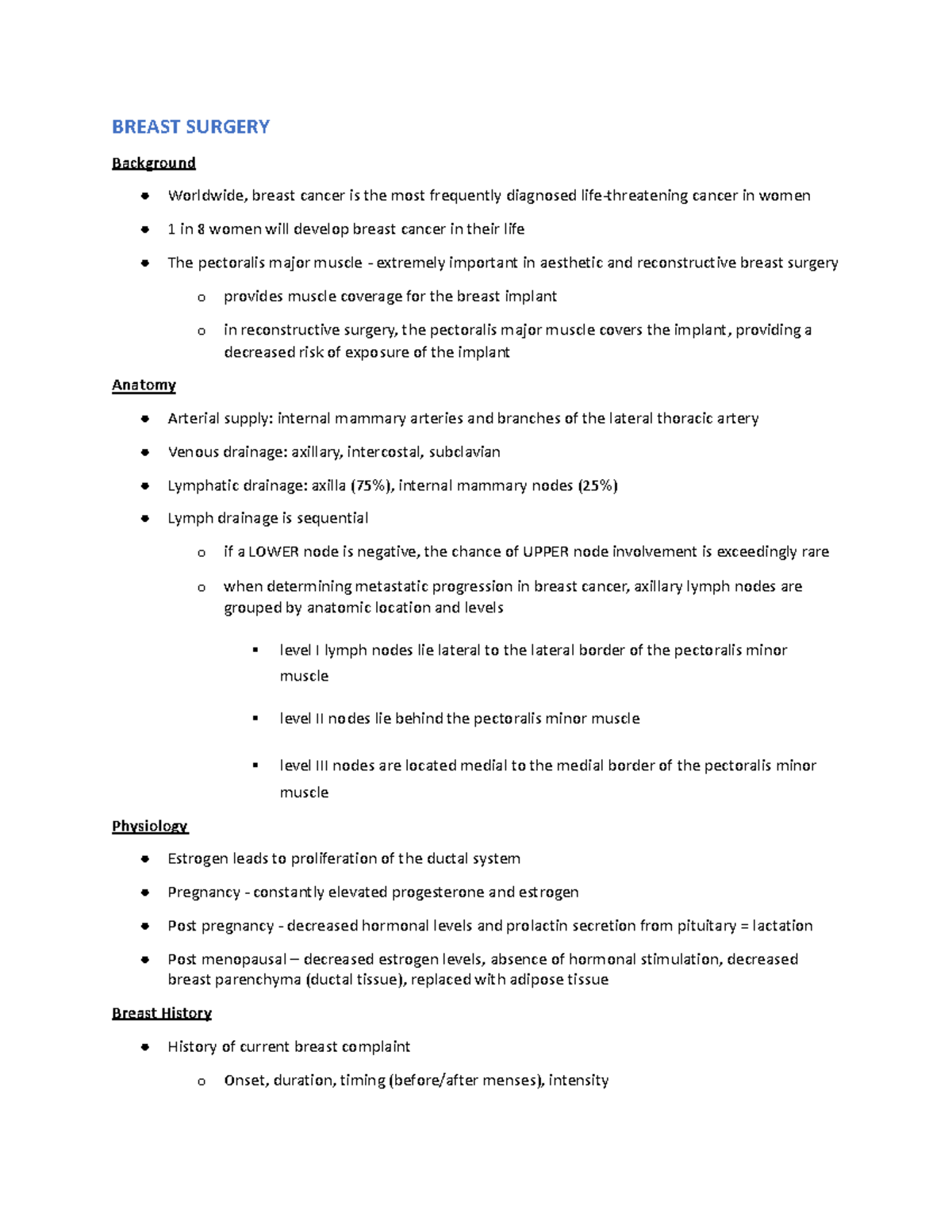 Surgery exam 2 notes - BREAST SURGERY Background Worldwide, breast ...