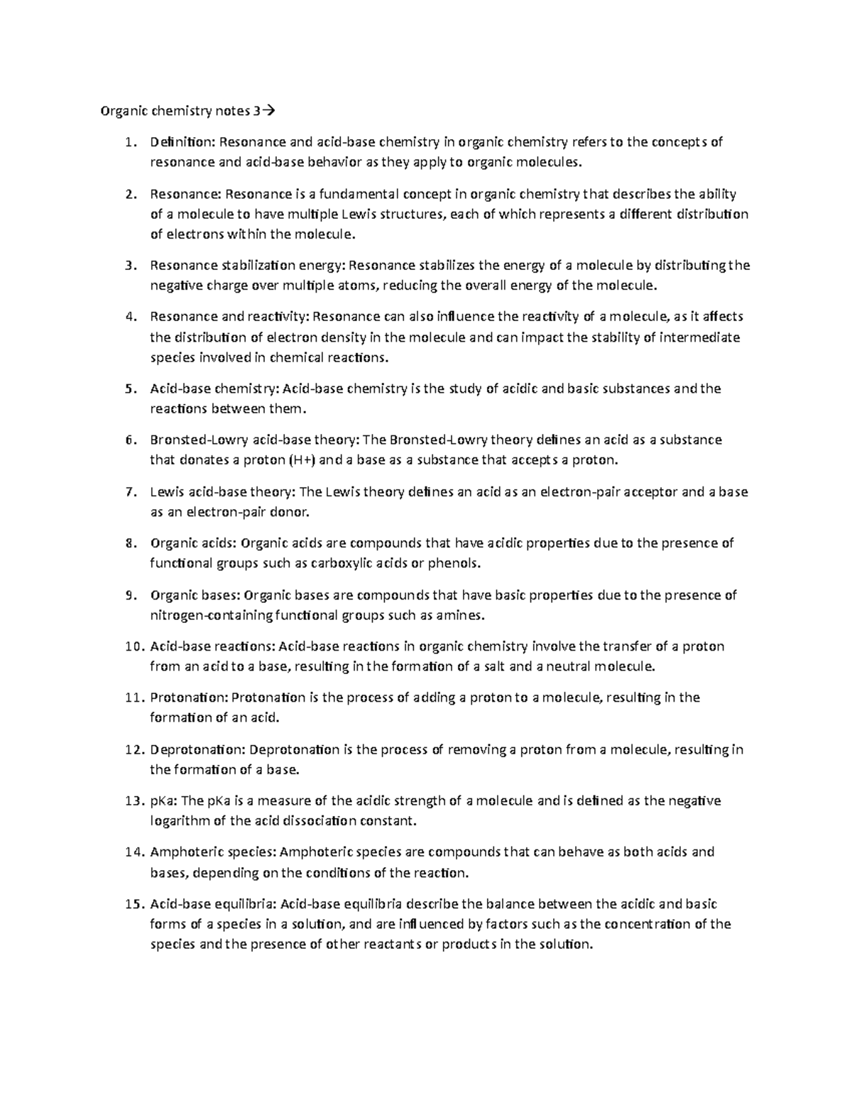 Orgo Notes 3 - Organic chemistry notes 3 Definition: Resonance and acid ...