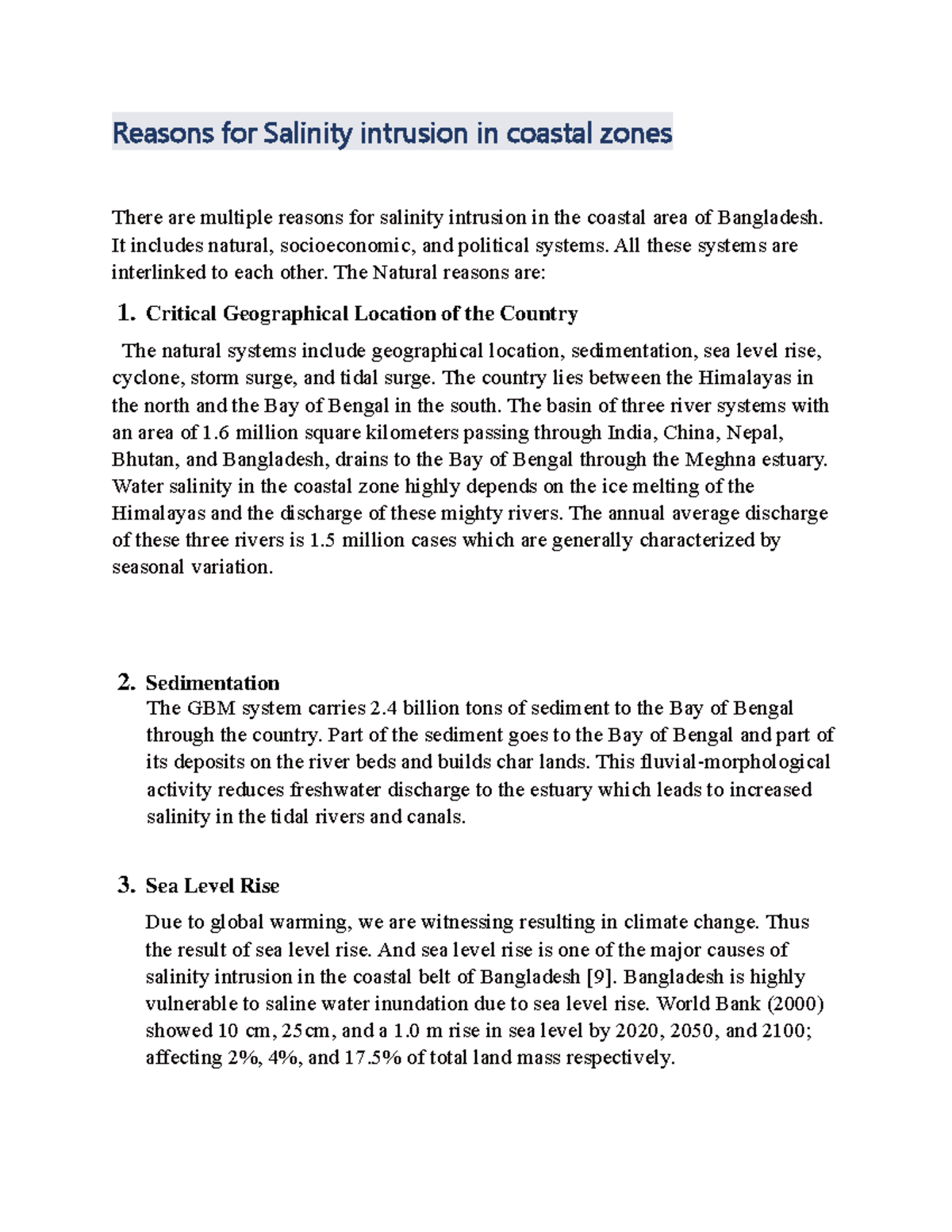 Reasons for Salinity intrusion in coastal zones - It includes natural ...