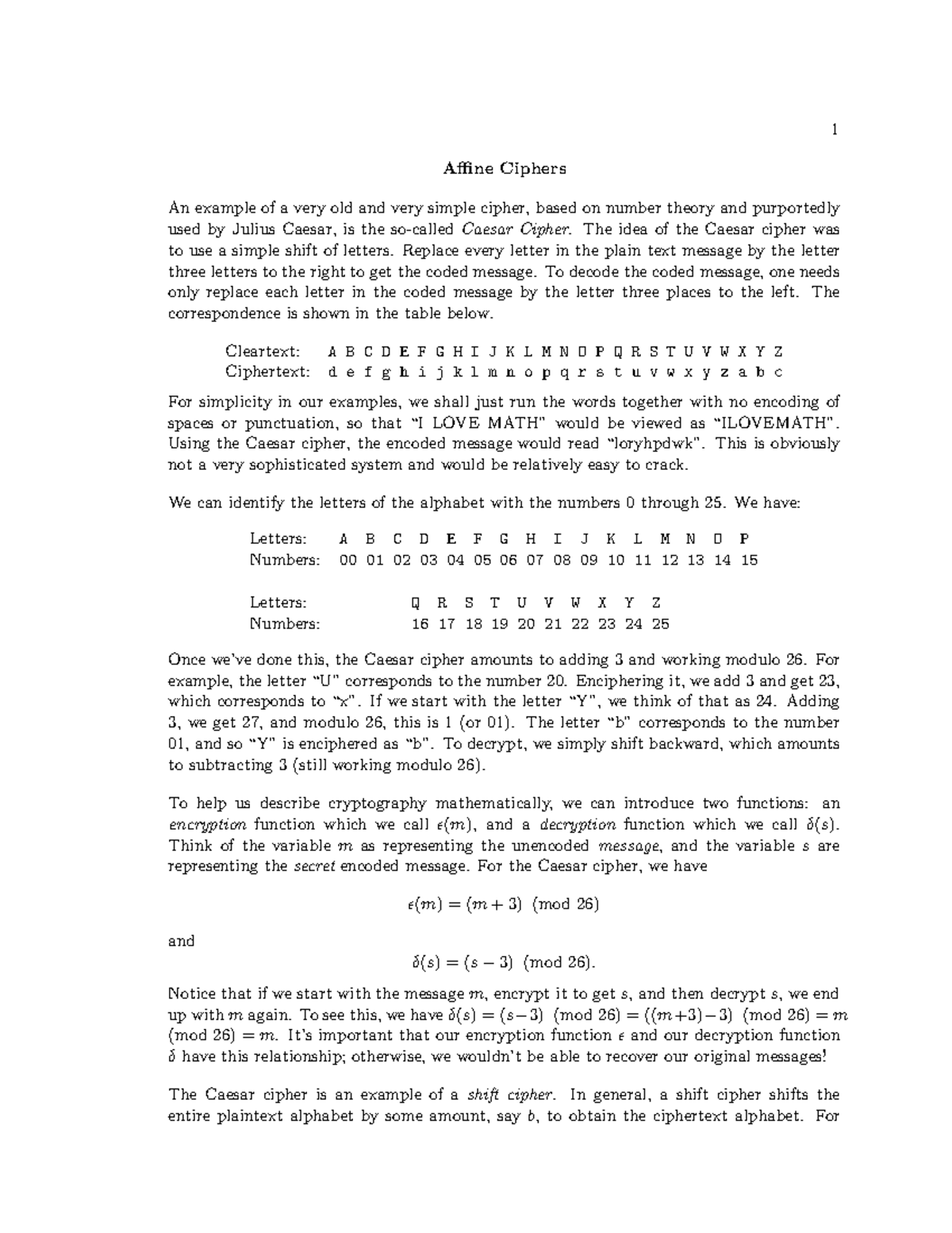 Affine Ciphers - Crypotography and number theory - Affine Ciphers An example of a very old and ...