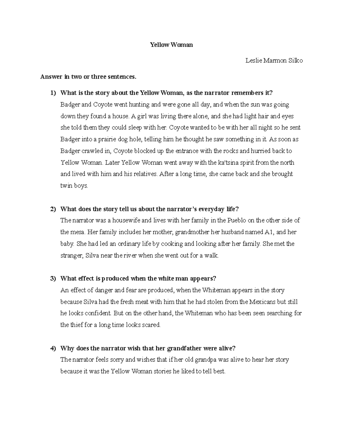 Yellow Woman textual questions - Yellow Woman Leslie Marmon Silko ...