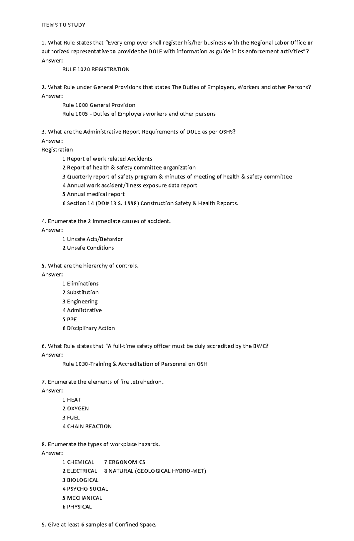 COSH- Reviewer - ITEMS TO STUDY What Rule states that “Every employer ...