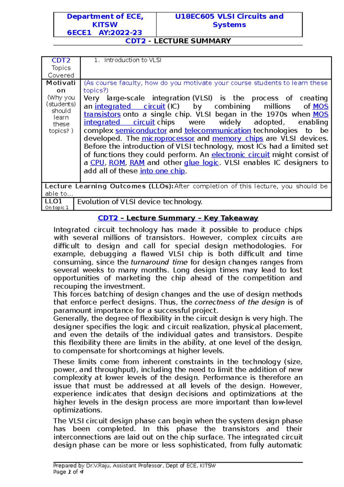 VLSI CDT2 Summary 6ECE1 2022-23 - KITSW 6ECE1 AY:2022- Systems CDT2 - LECTURE SUMMARY CDT Topics ...