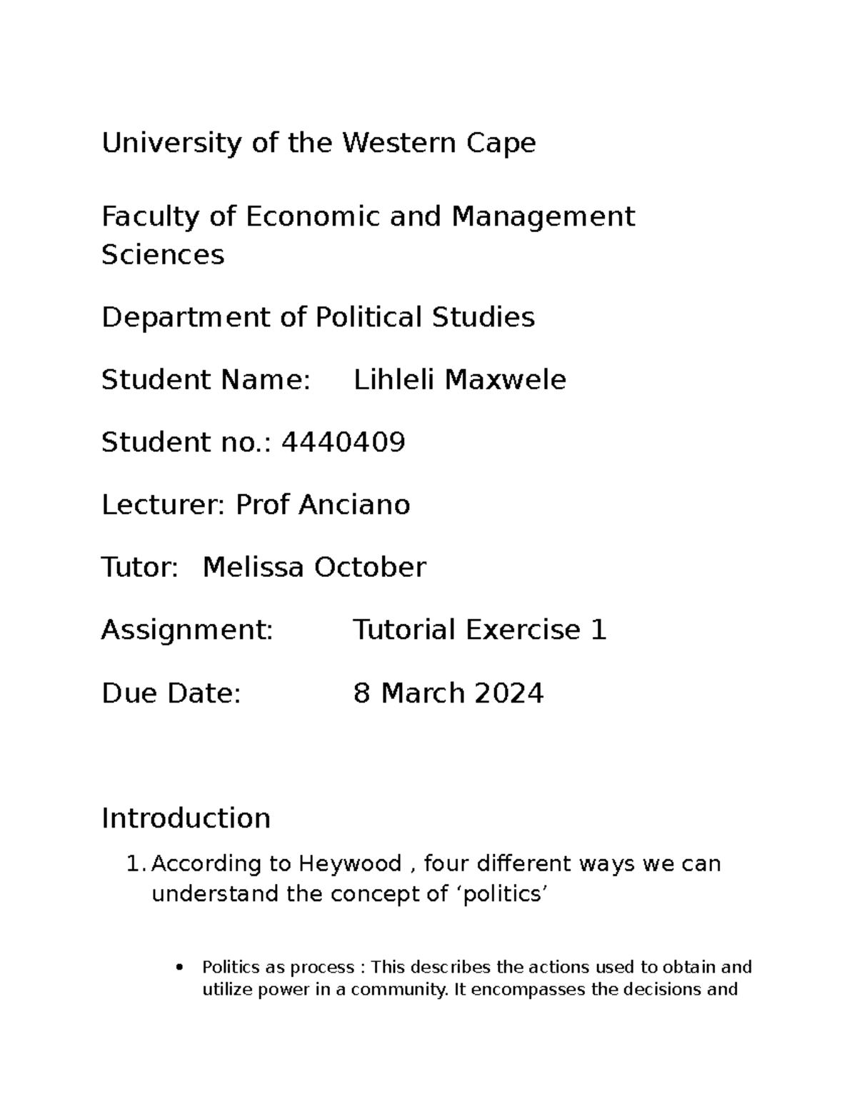 POL 131 Tutorial Exercise 1 - University of the Western Cape Faculty of ...