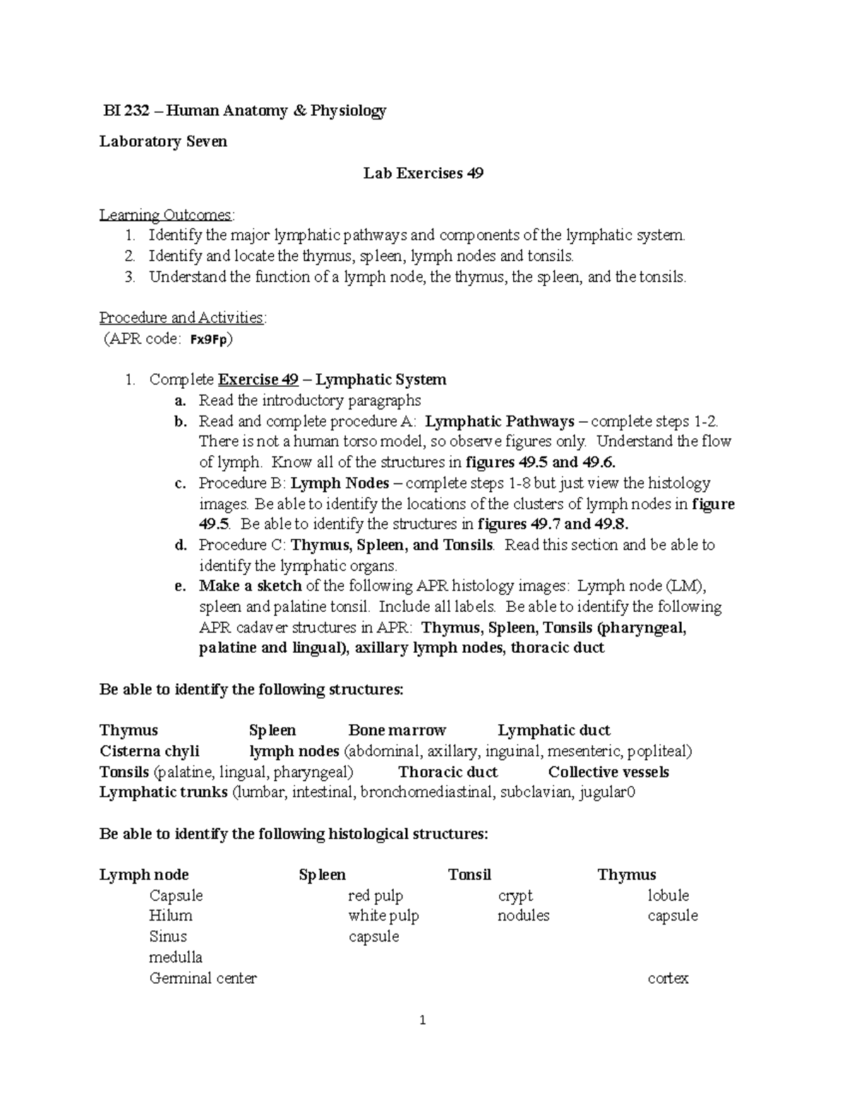 Lymphatic lab handout online - BI 232 – Human Anatomy & Physiology ...
