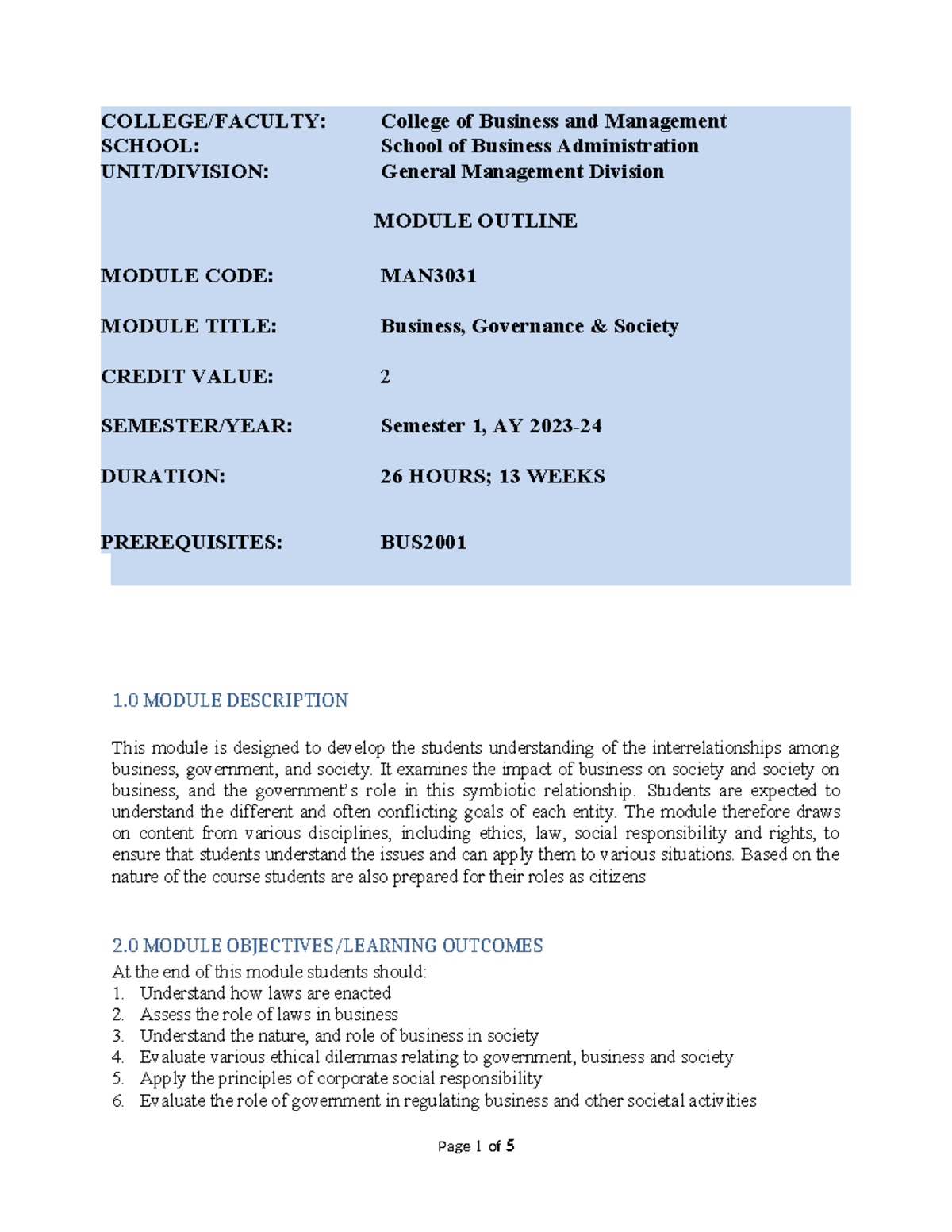 BGS Module Outline - Sem 1 AY 23-24 Final - COLLEGE/FACULTY: College of ...