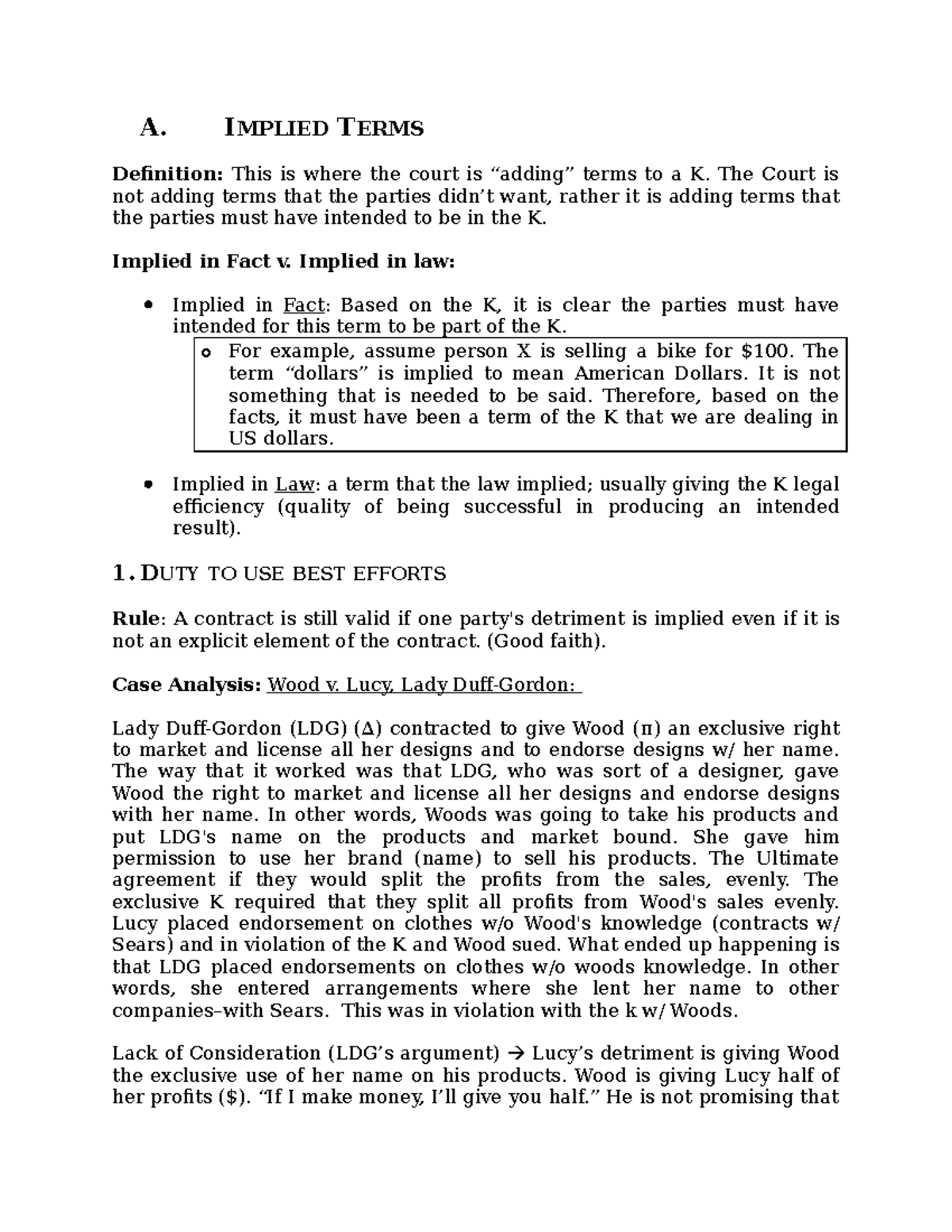 Implied Terms short attack outline. - A. IMPLIED TERMS Definition: This ...