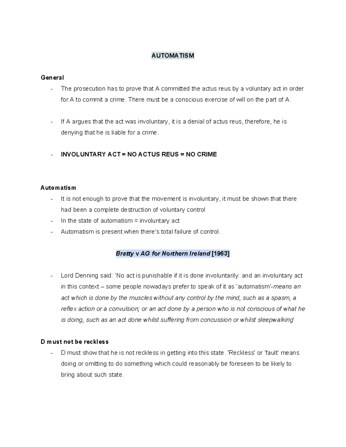 Criminal Law Automatism Notes made with reference to Nicola Monaghan ...