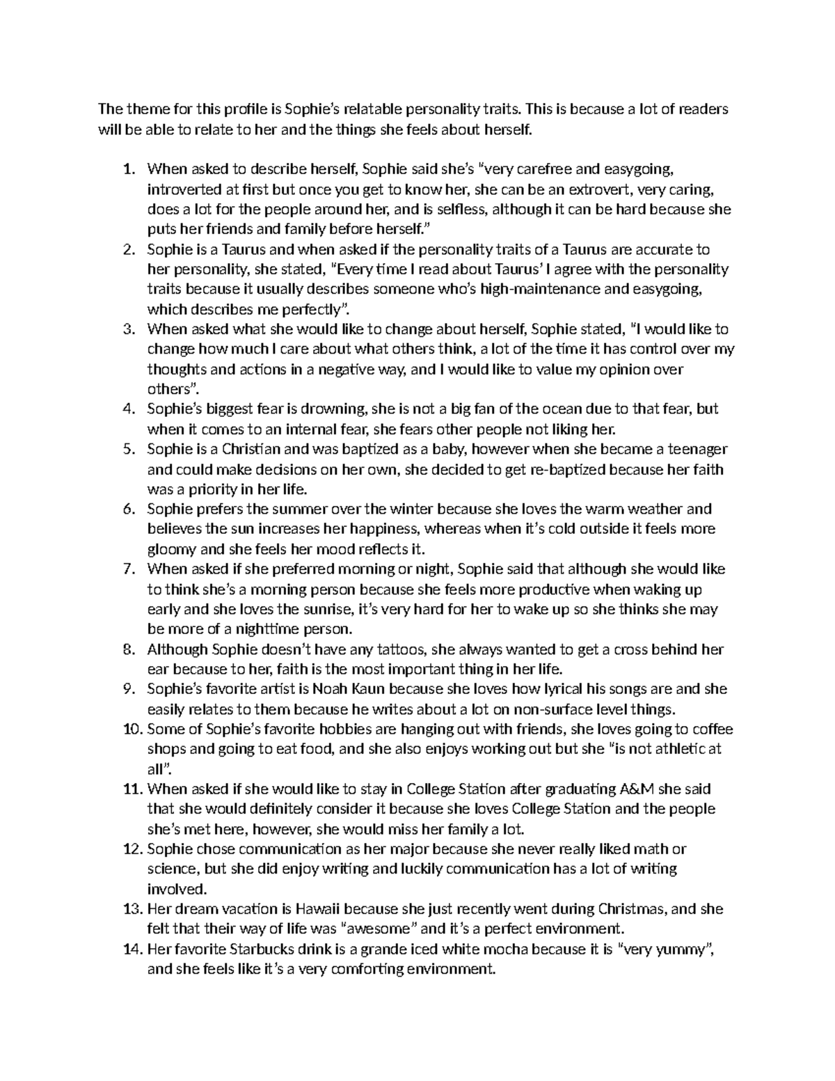 IGA 2 - IGA #2 - The theme for this profile is Sophie’s relatable ...