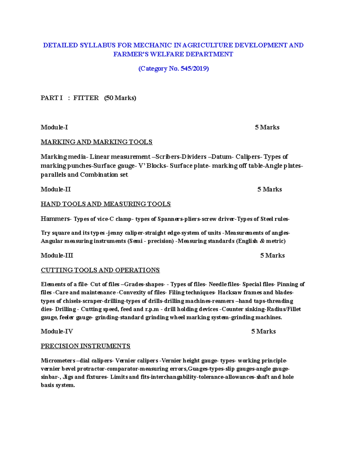 5. Mechanic Agri. Dev. Farmers welfare - DETAILED SYLLABUS FOR MECHANIC ...