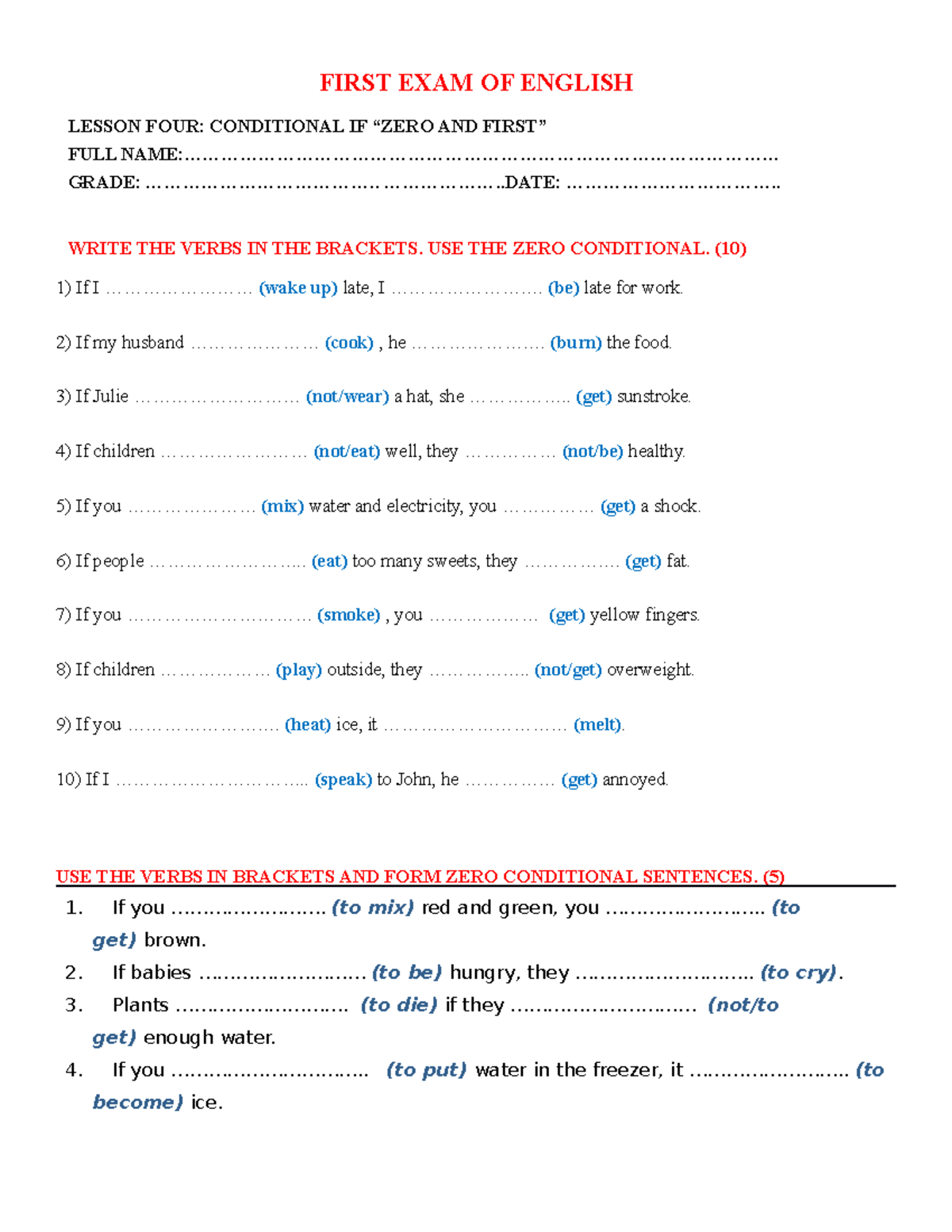 First EXAM Lesson SIX Conditional IF ZERO AND First - FIRST EXAM OF ...