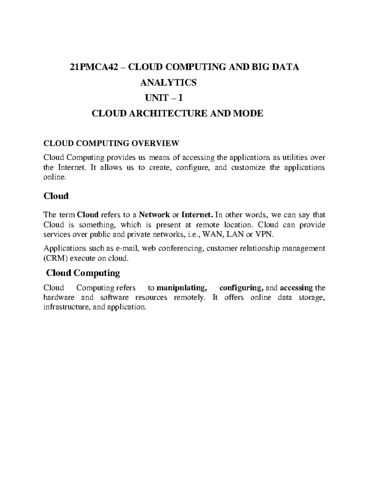 UNIT - I Cloud Computing and Big Data Analytics - 21PMCA42 – CLOUD ...