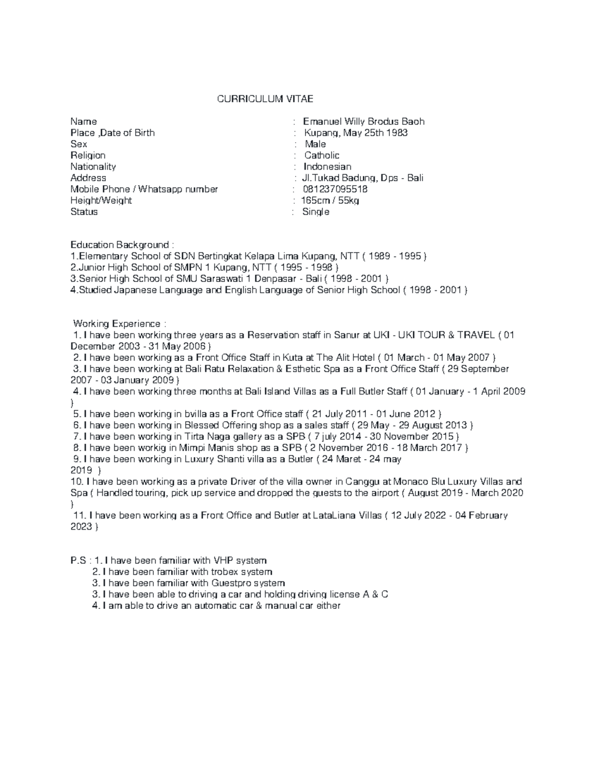 Curriculum Vitae - Sound good - CURRICULUM VITAE Name : Emanuel Willy ...