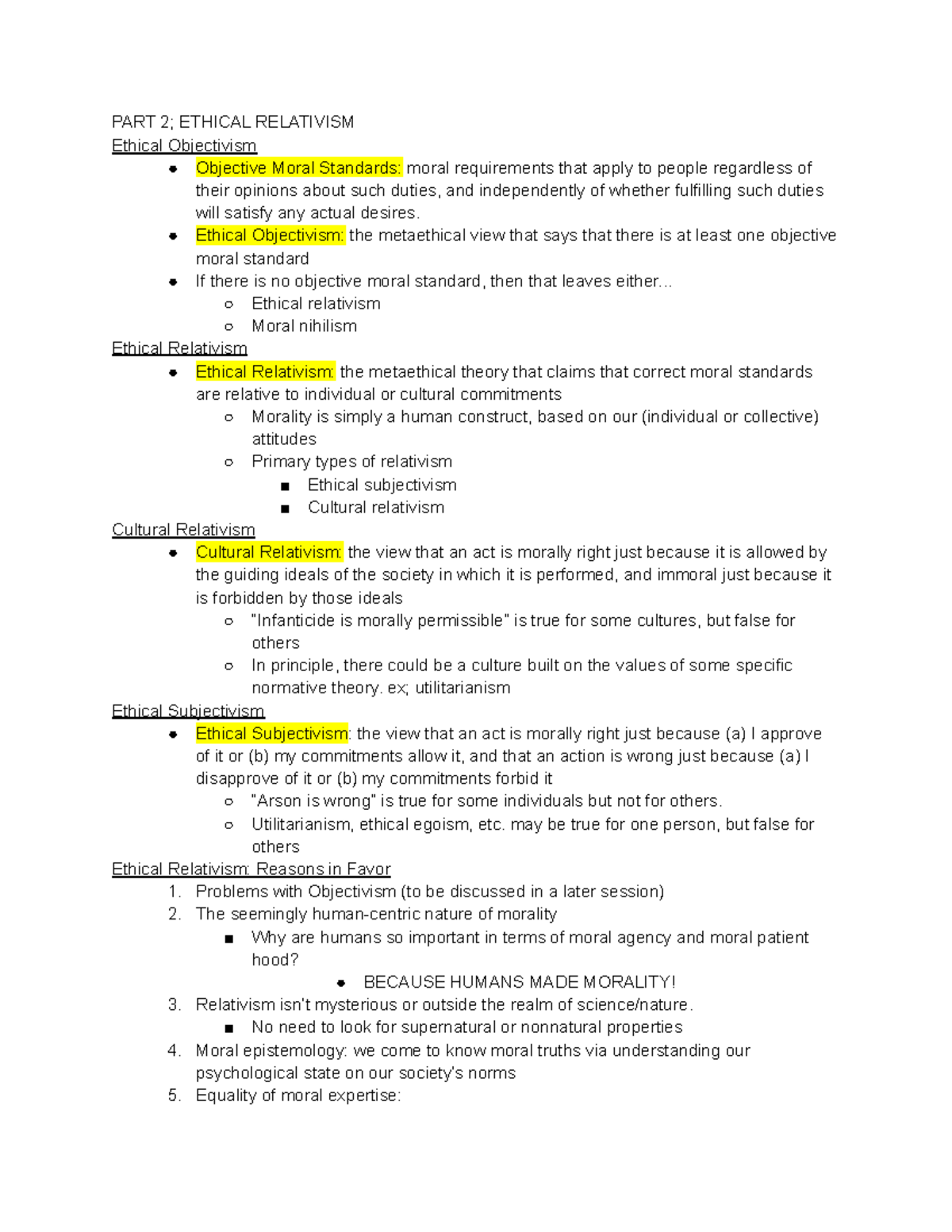 Non-Objective Metaethics; Pt 1 - PART 2; ETHICAL RELATIVISM Ethical ...