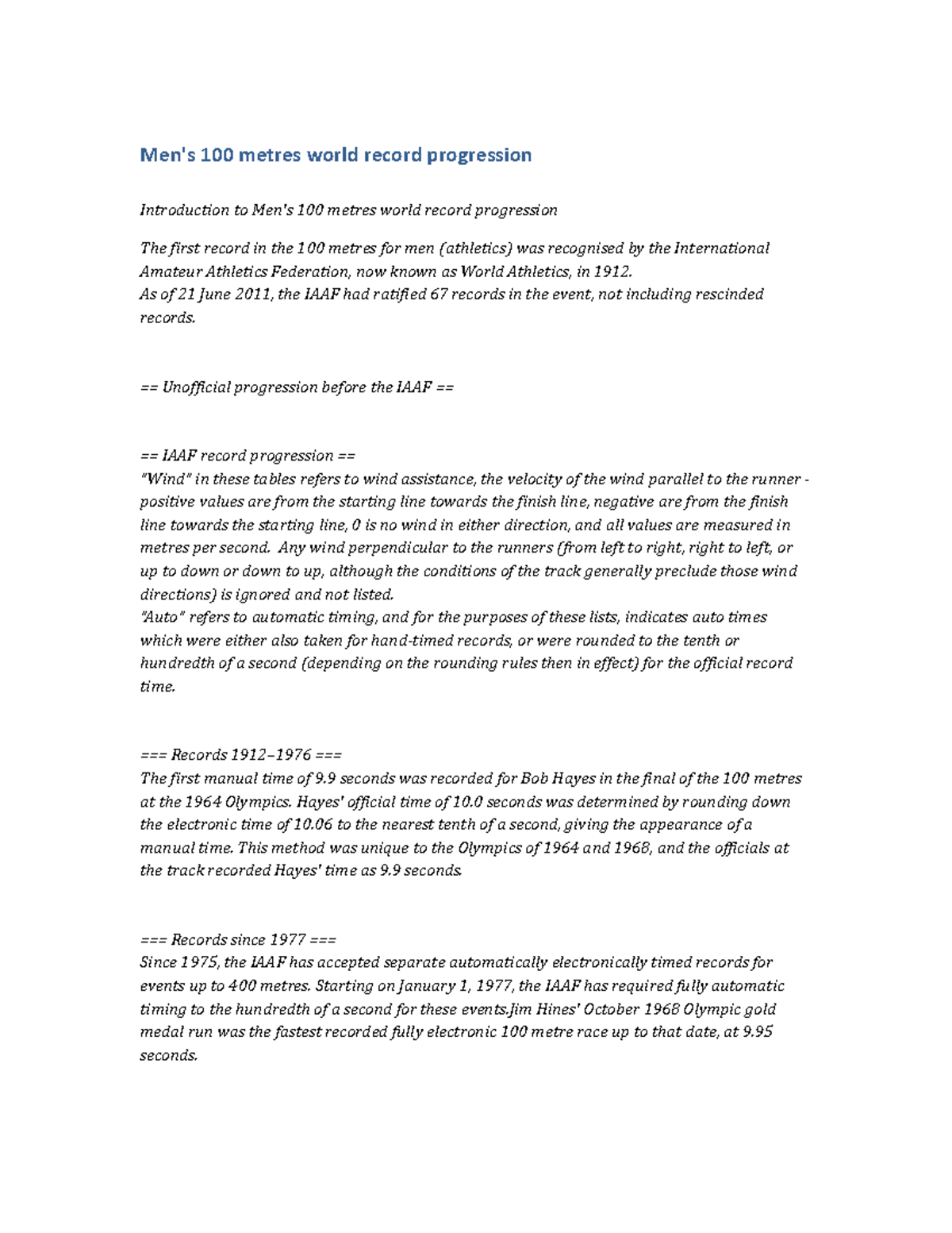 HIST123 Assignment Men's 100 metres world record progression - Men's ...