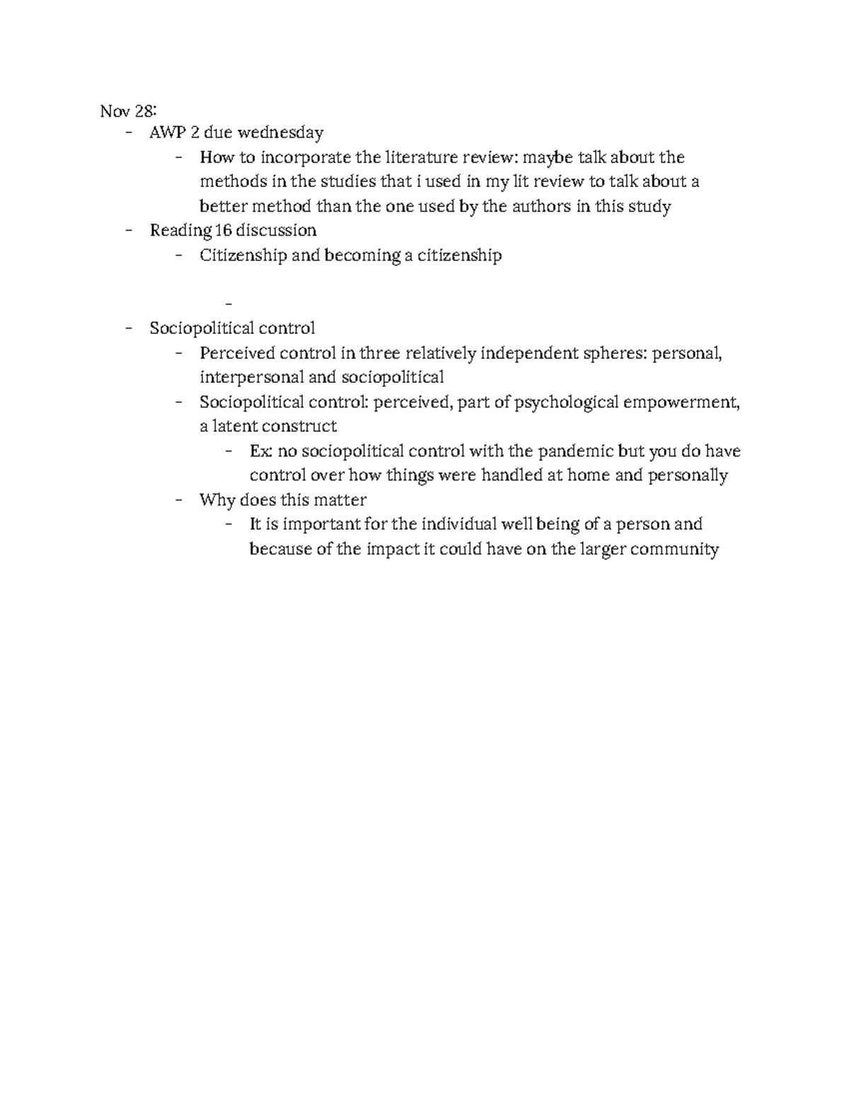 Nov 28 lecture notes - HOD 1250 - applied human development with ...