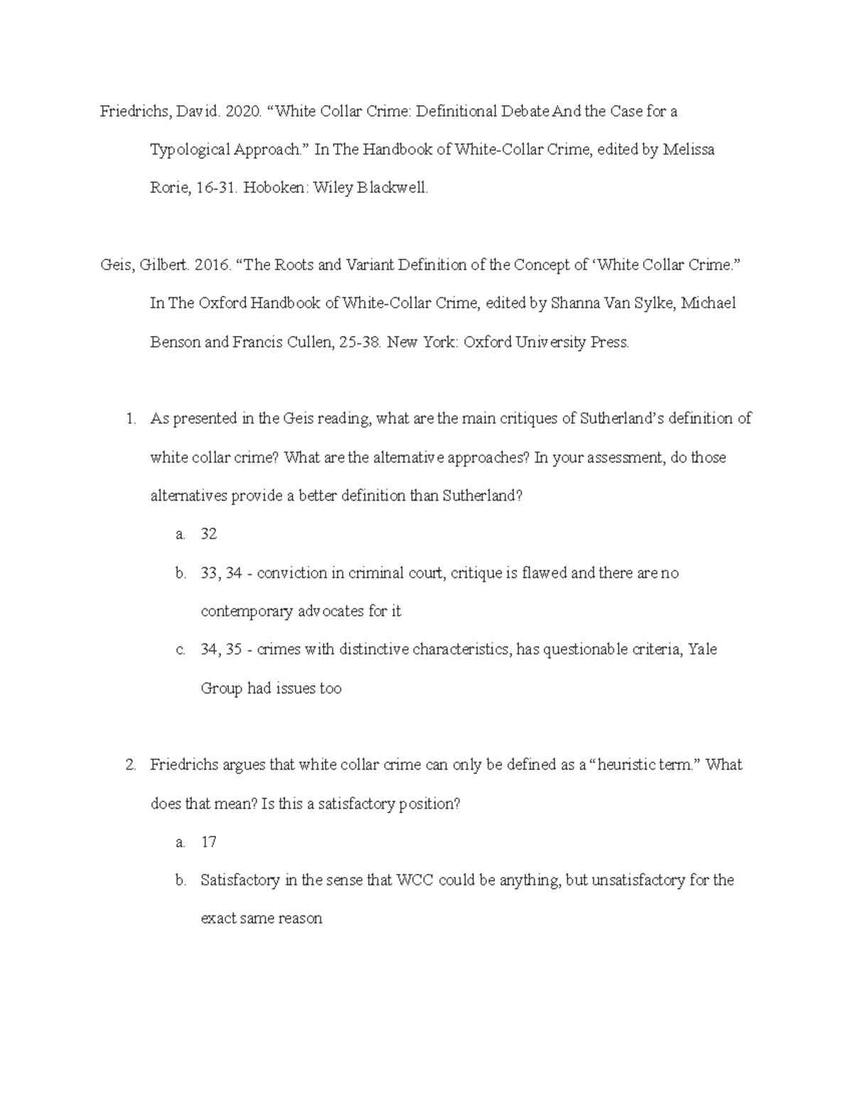 CRM 216 - 2 3 Class Reading Discussion Questions - Friedrichs, David. 2020. “White Collar Crime ...