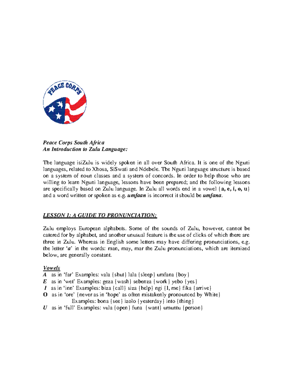 ZA isi Zulu Language Lessons - Peace Corps South Africa An Introduction ...