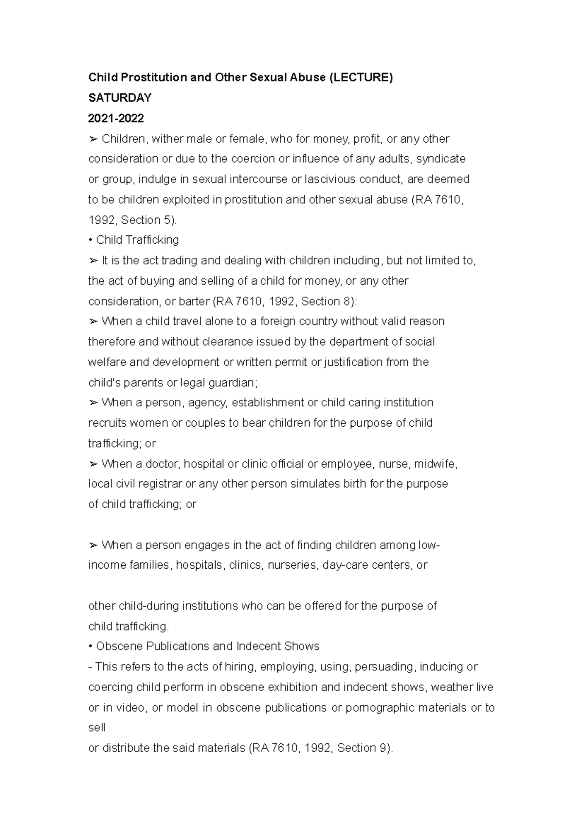 Child Prostitution and Other Sexual Abuse Lecture Notes - Child ...