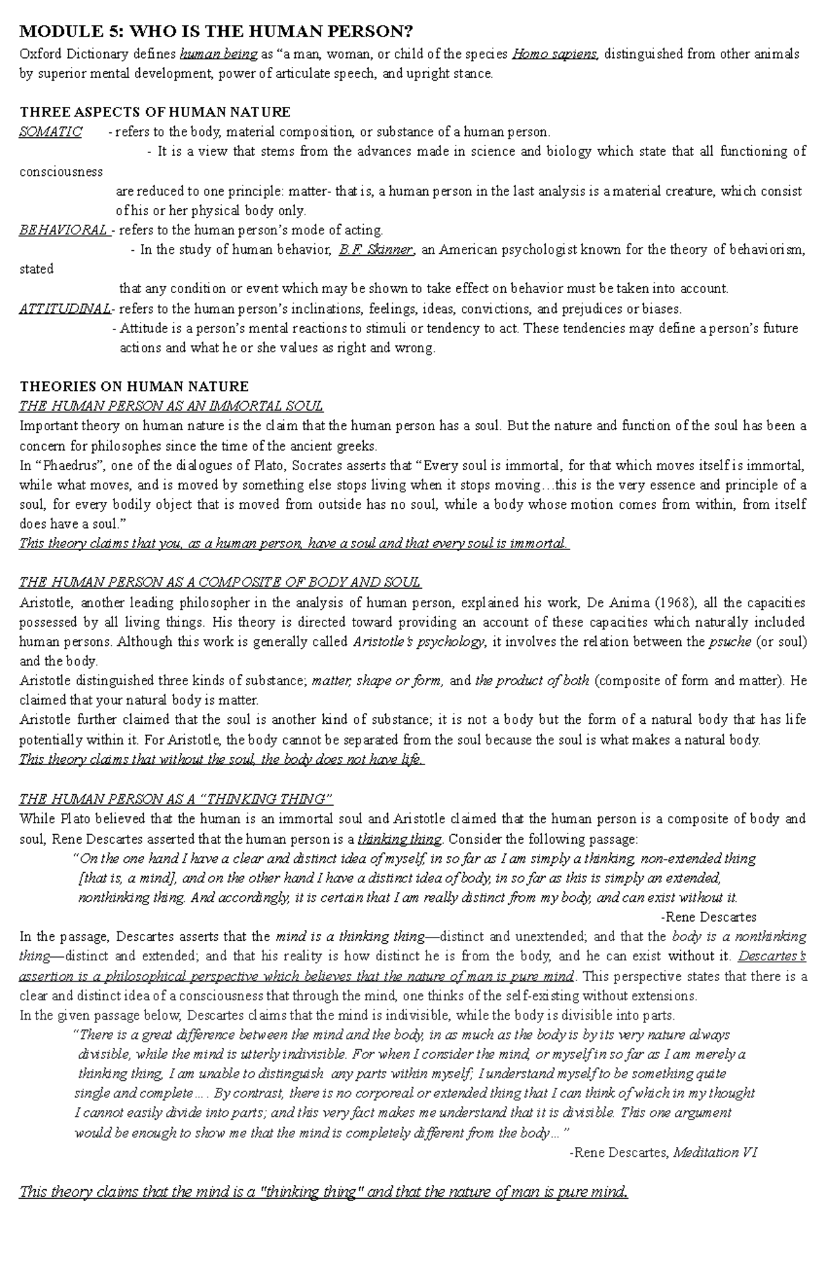 Philosophy Reporting (Autosaved) - MODULE 5: WHO IS THE HUMAN PERSON ...