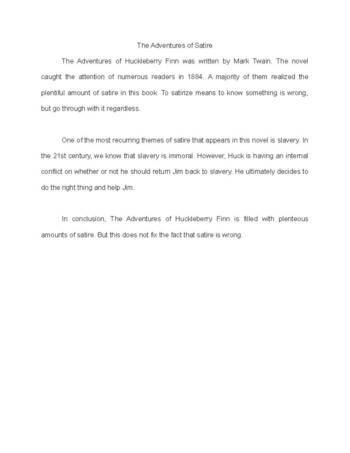 Essay Huckleberry Finn - The Adventures of Satire The Adventures of ...