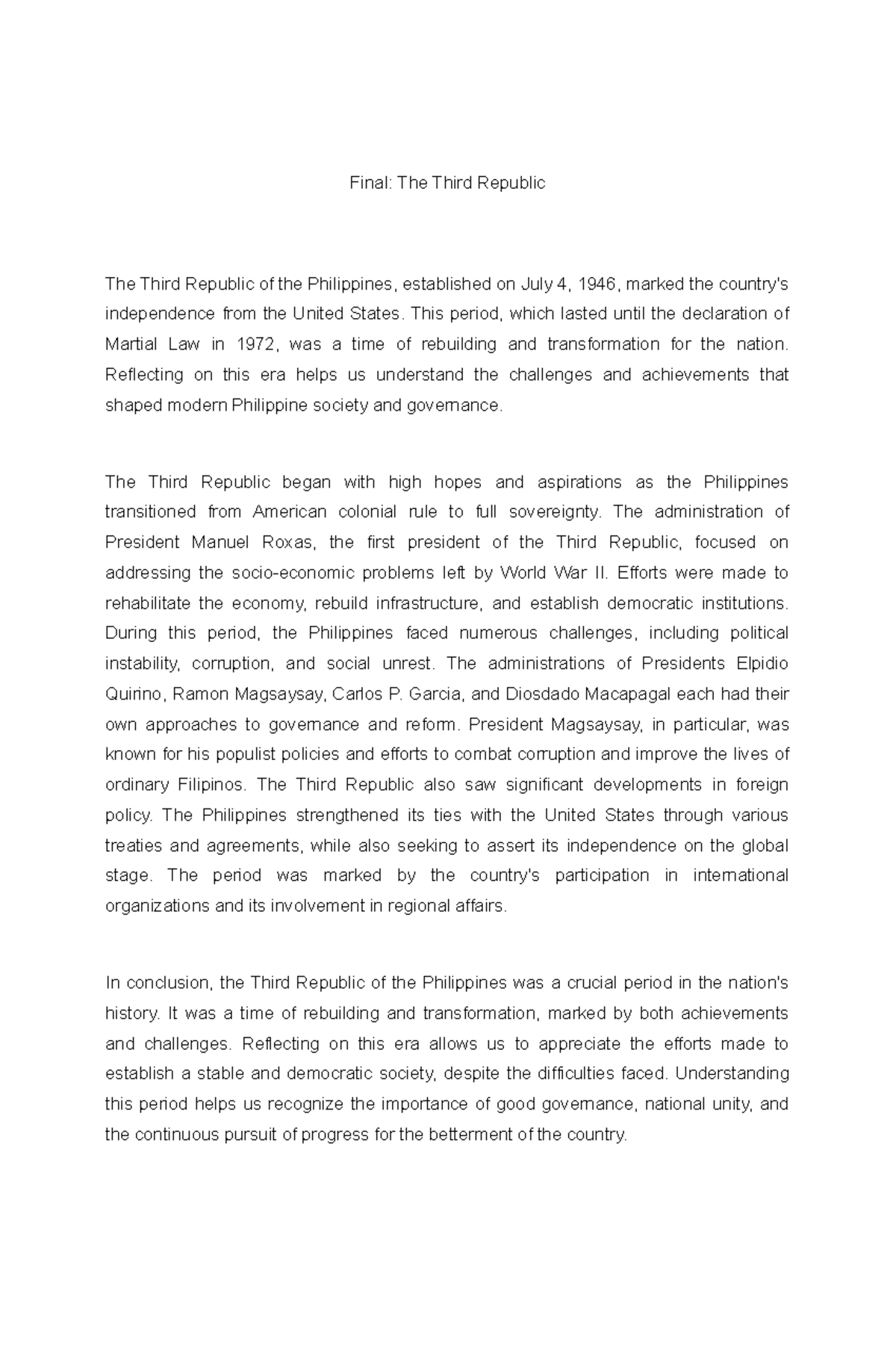 Final Reflection - Final: The Third Republic The Third Republic of the ...