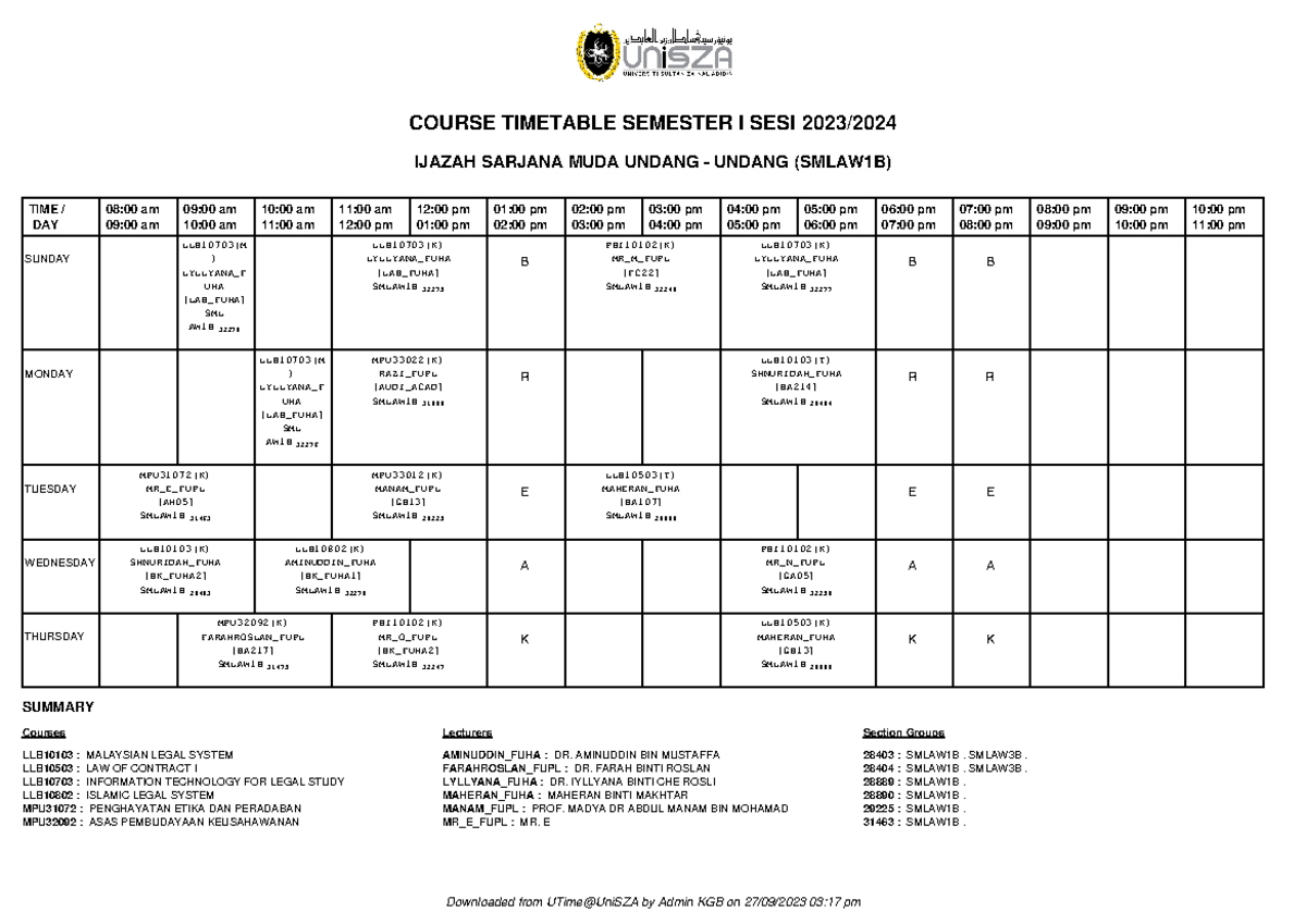 Jadual Smlaw 1B merged - gzhhshshshhsns hsjsb - COURSE TIMETABLE ...