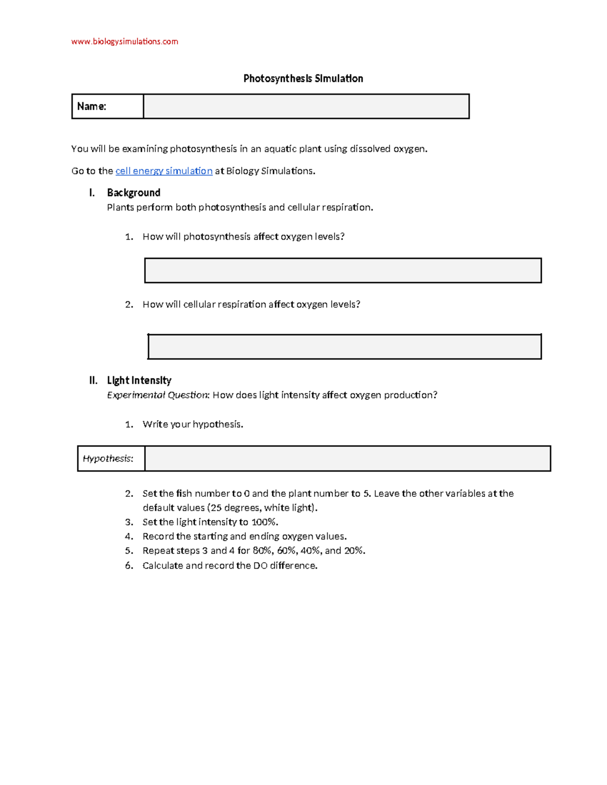 Photosynthesis Simulation - Light Intensity and Colour Lab A ...