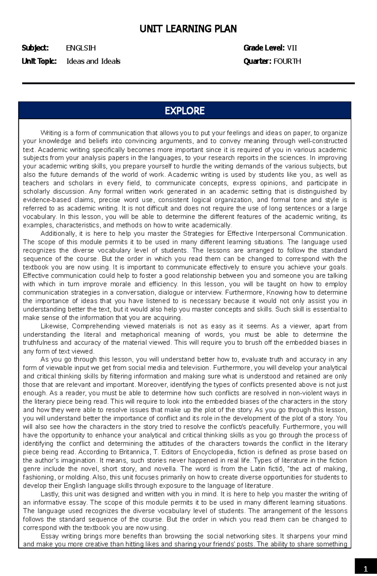 English VII- LP FOR 2022-2023 4TH QTR - UNIT LEARNING PLAN Subject ...