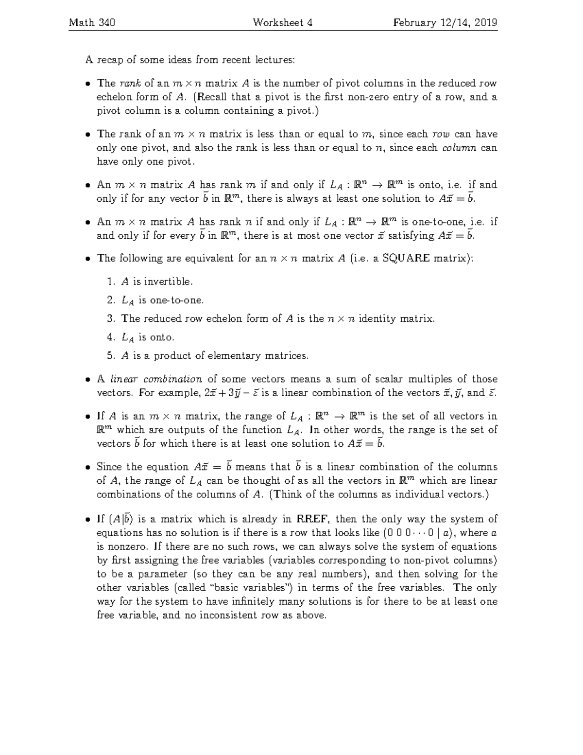 Week 4 Discussion Problems - Math 340 Worksheet 4 February 2019 A recap ...
