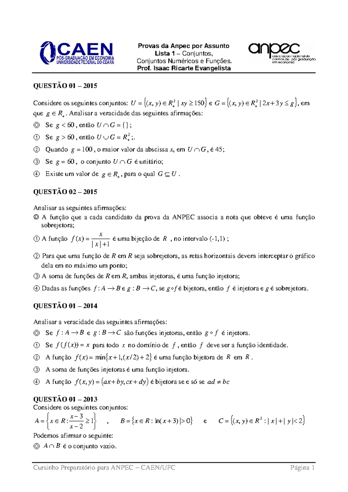 Lista-1-matematica - Provas da Anpec por Assunto Lista 1 – Conjuntos ...