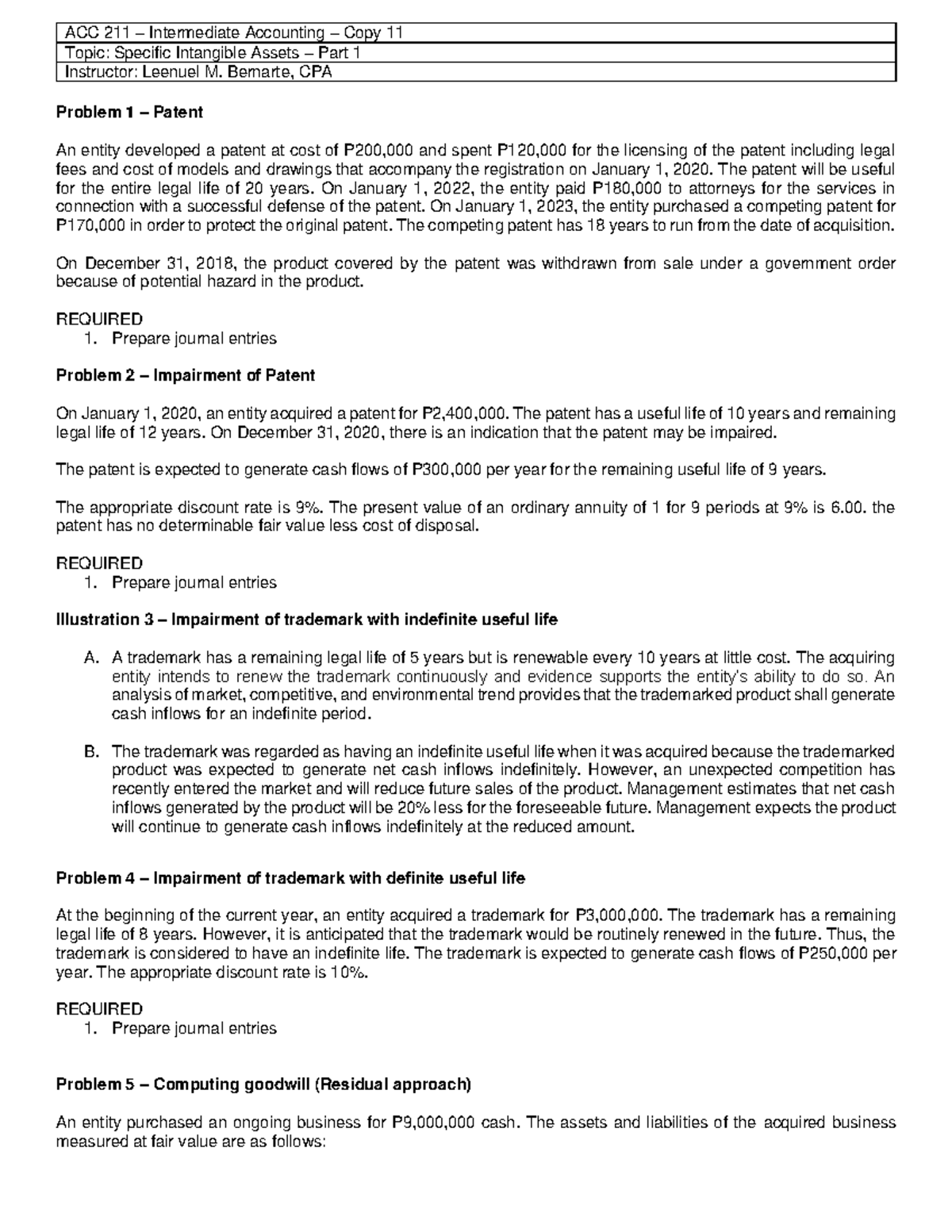 Copy 11 ACC 211 Sample Problems for Specific Intangible Assets Part 1 ...