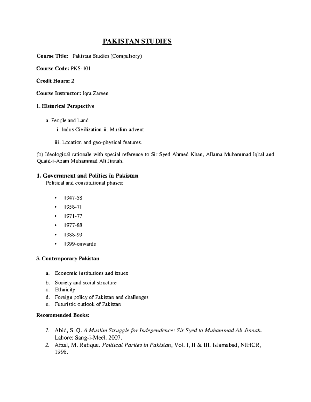 Outline Pakistan Studies - PAKISTAN STUDIES Course Title: Pakistan ...
