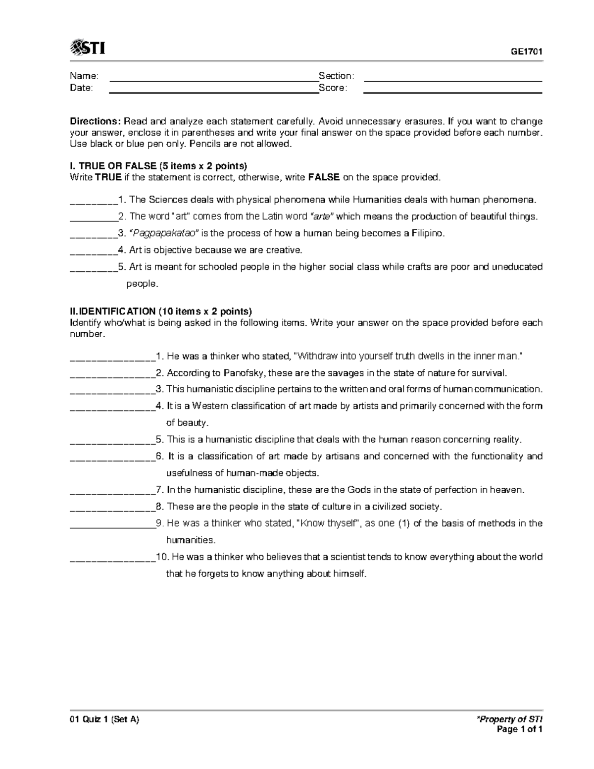 Practice Questions - GE 1701 01 Quiz 1 (Set A) *Property of STI Page 1 ...