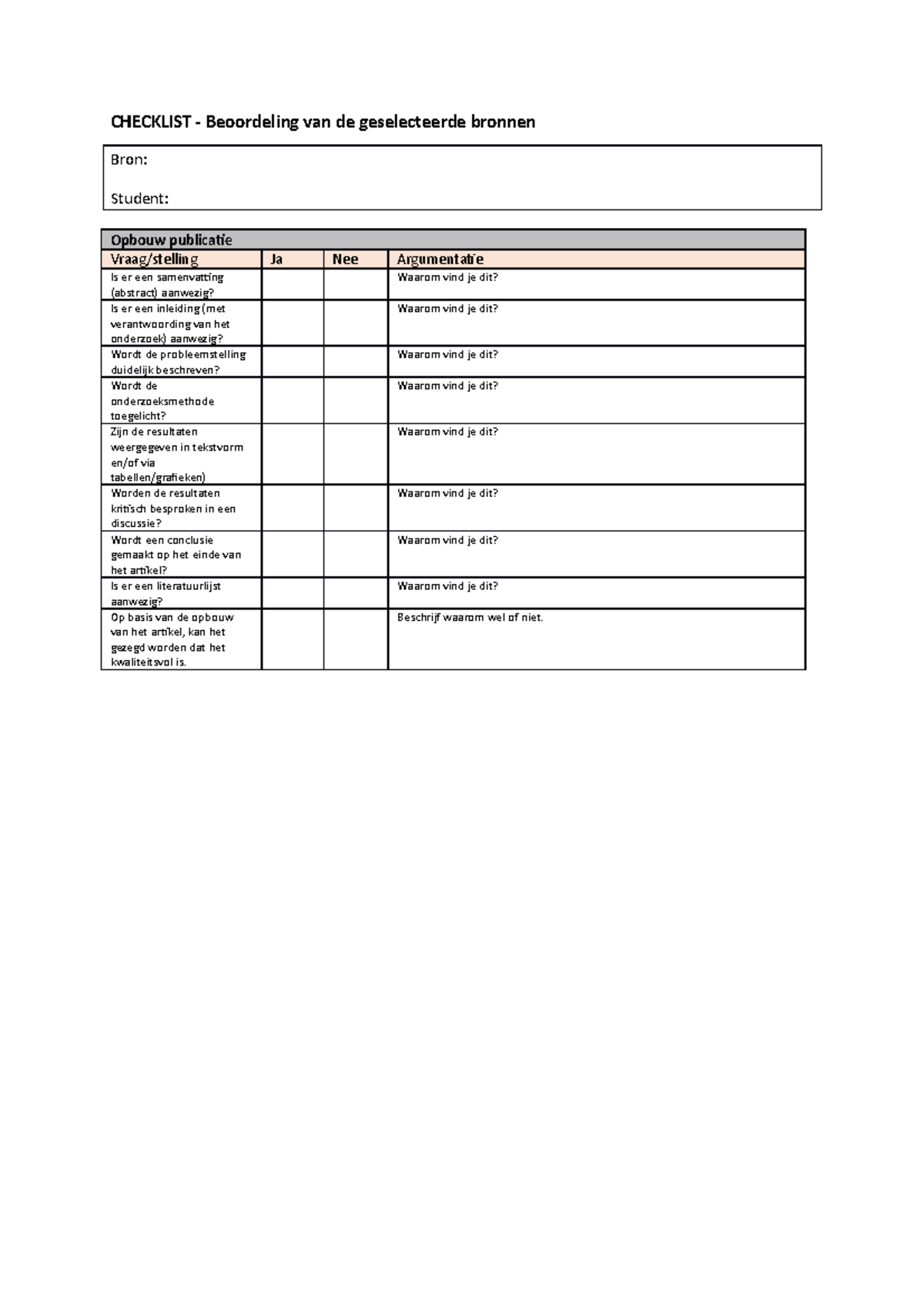 Checklist beoordeling van geselecteerde bronnen - CHECKLIST ...