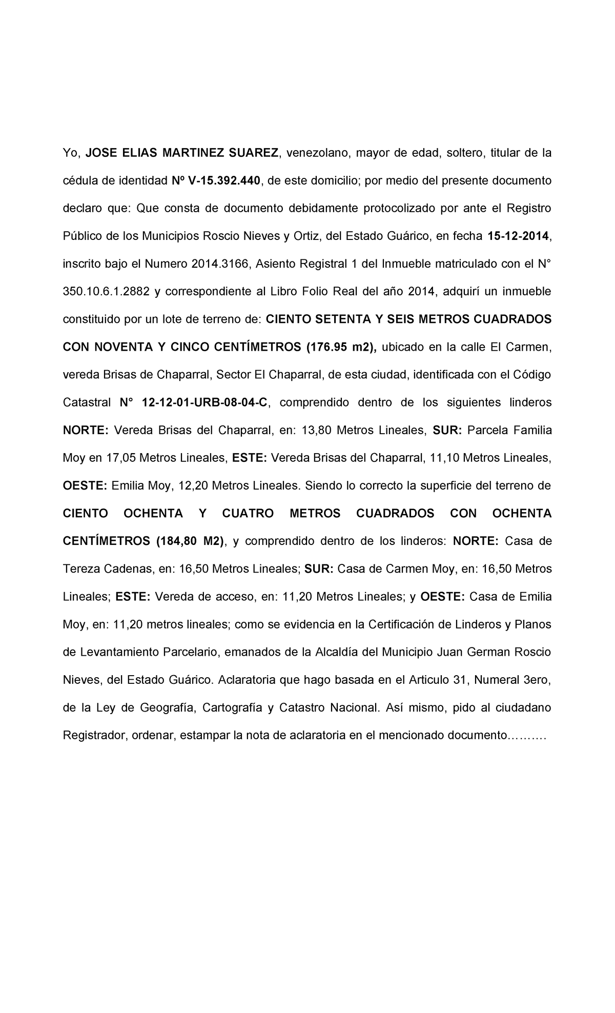 Aclaratoria Martinez - Yo, JOSE ELIAS MARTINEZ SUAREZ, venezolano ...