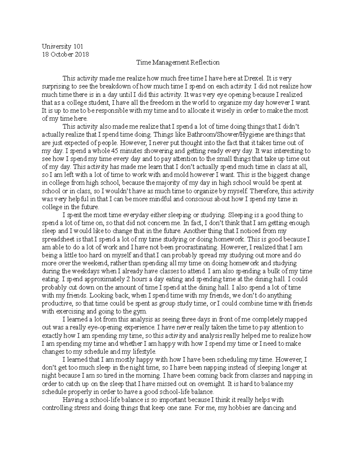 Time Management Paper - Grade: A - University 101 18 October 2018 Time ...