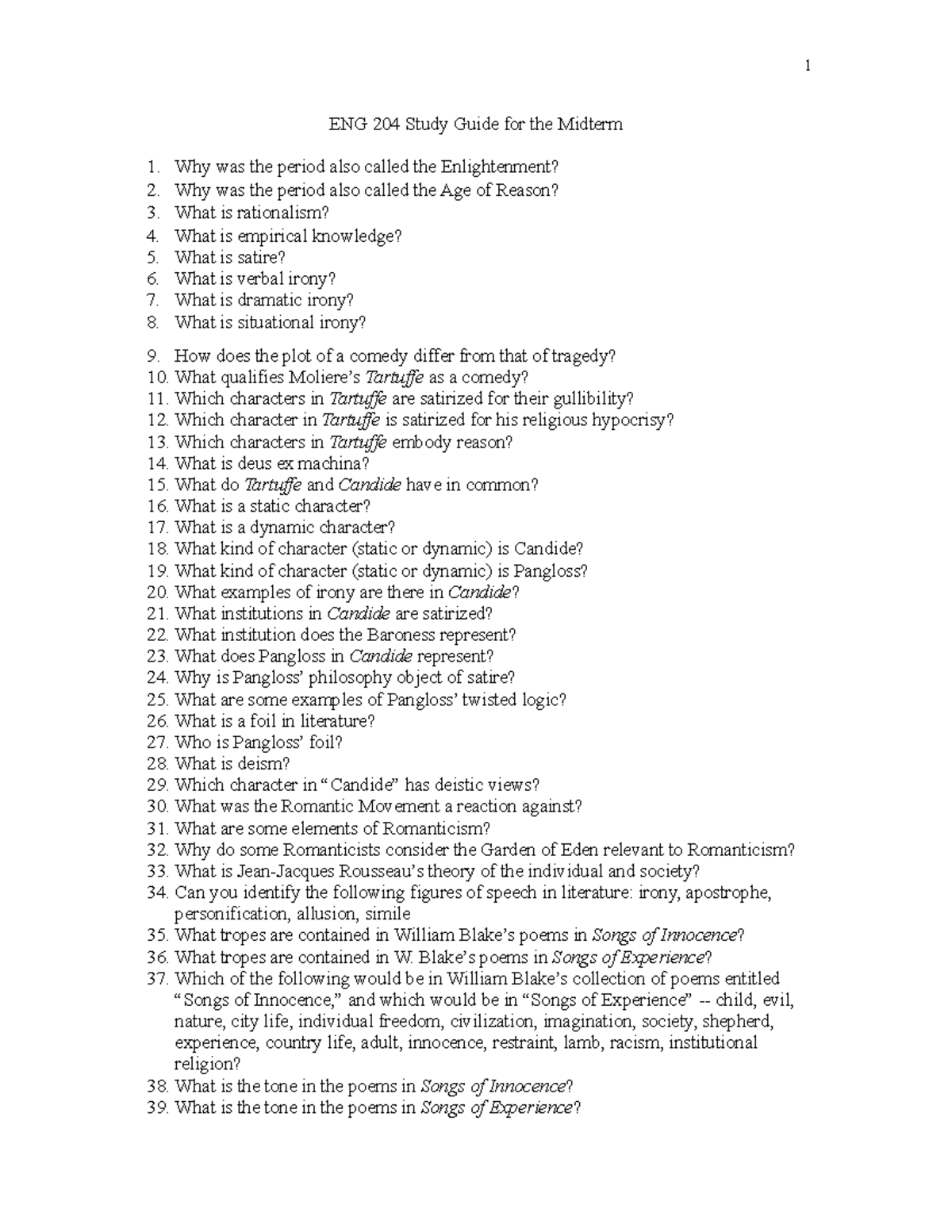 ENG 204 Study Guide for the Midterm - 1 ENG 204 Study Guide for the ...