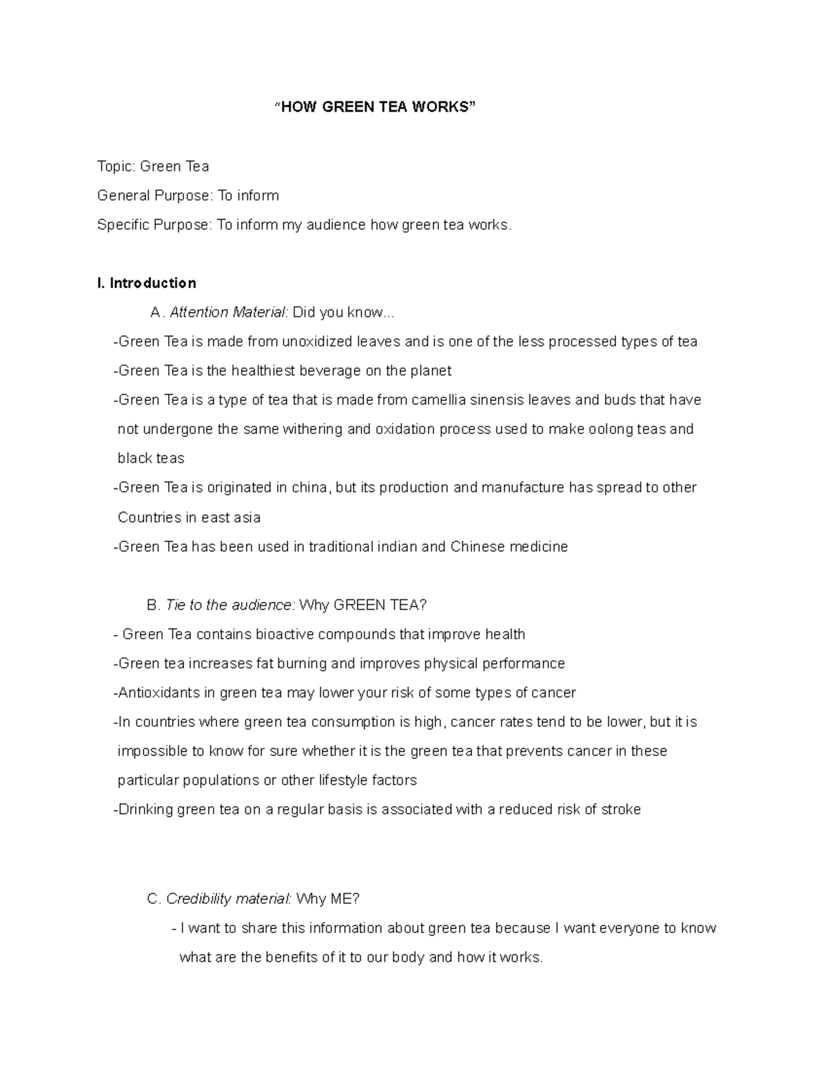 HOW Green TEA Works - Lecture Notes - “ HOW GREEN TEA WORKS” Topic ...