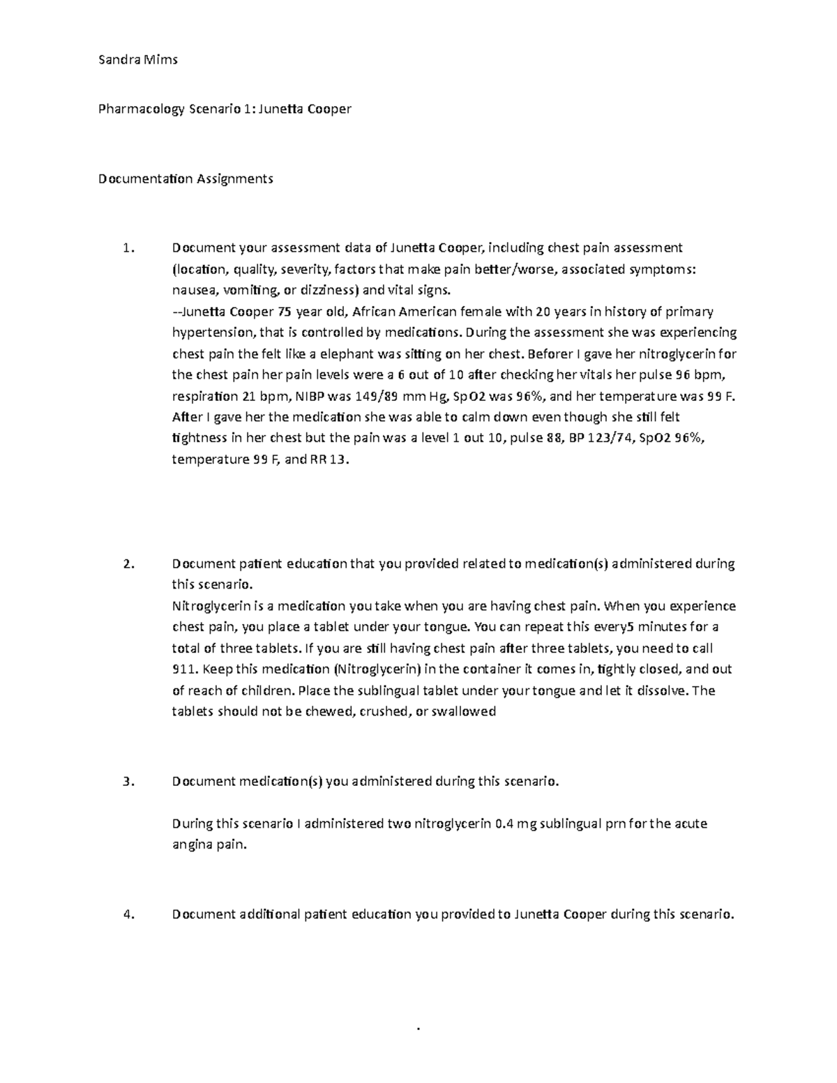 Sandra mims Pharm questions JC2 - Sandra Mims Pharmacology Scenario 1 ...