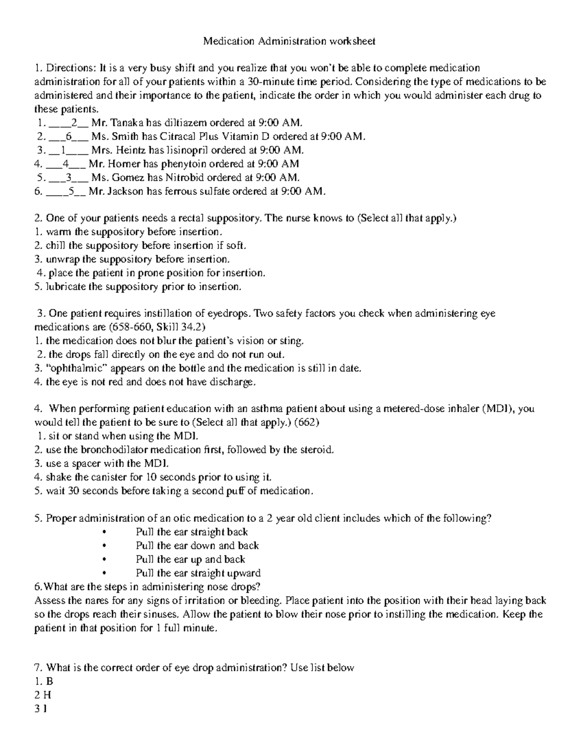 6:1 worksheet - Medication Administration worksheet Directions: It is a ...