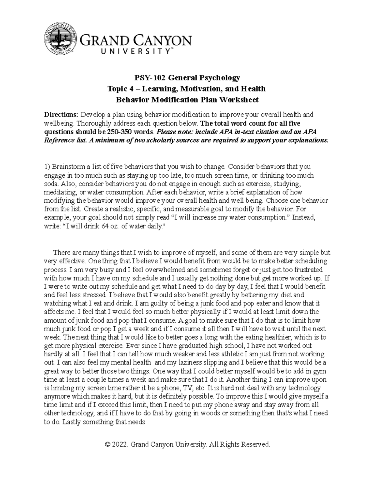 PSY 102 RS T4 Behavior Modification Plan - PSY-102 General Psychology ...
