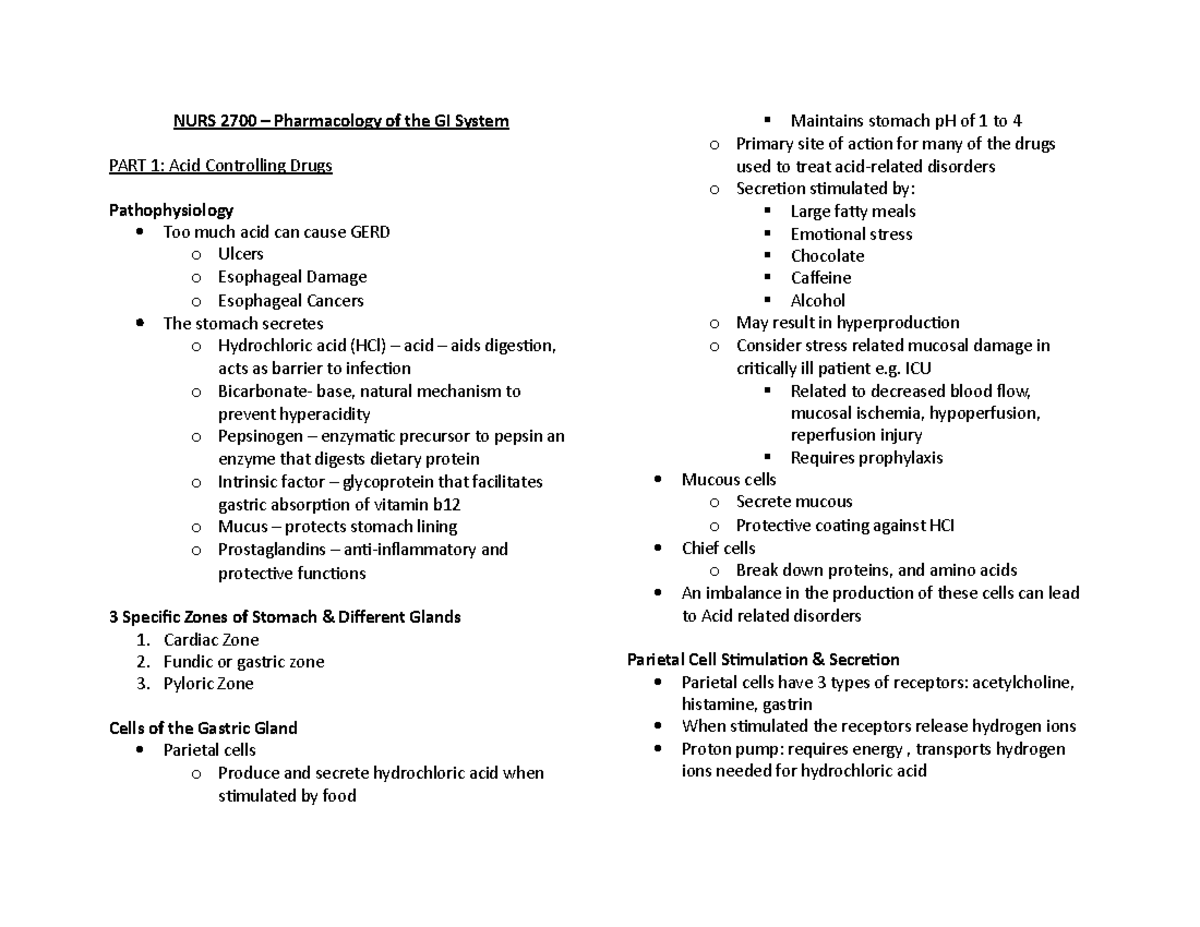 Nurs 2700 Pharmacology Of The Gi System Nurs 2700 Pharmacology Of