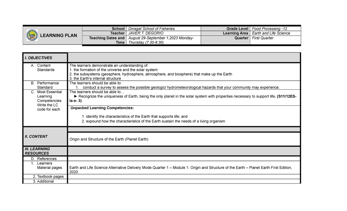 DLP ESL- Food Processing 12 - LEARNING PLAN School Dinagat School of ...