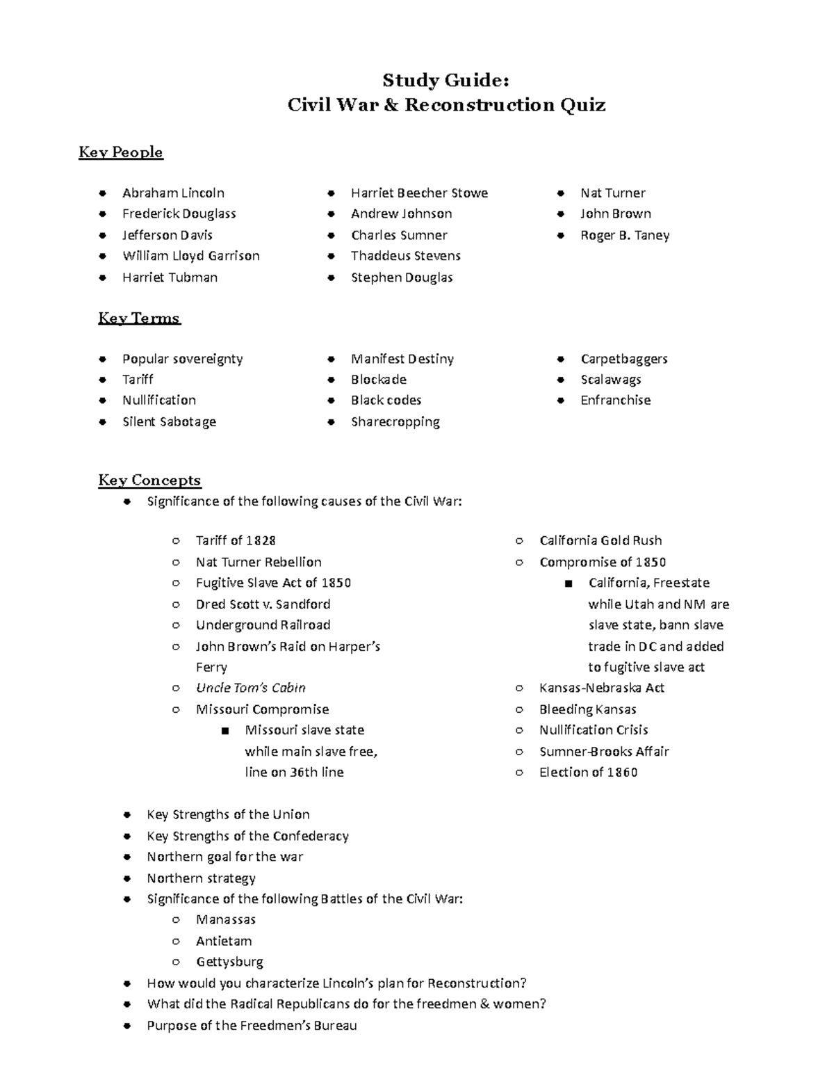Study Guide Civil War - Study Guide: Civil War & Reconstruction Quiz Key People Abraham - Studocu