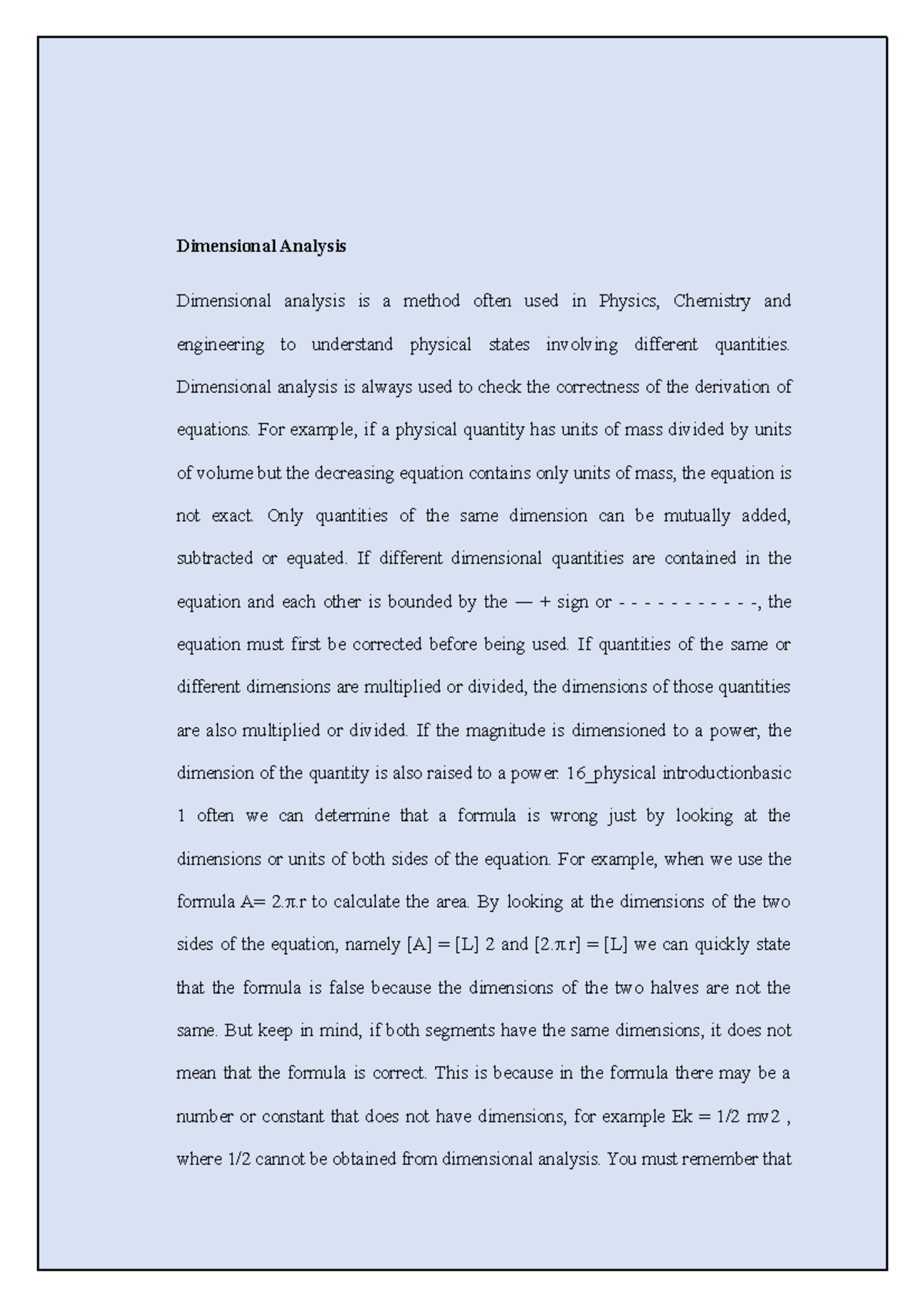 Study Notes - Dimensional Analysis - Dimensional Analysis Dimensional ...