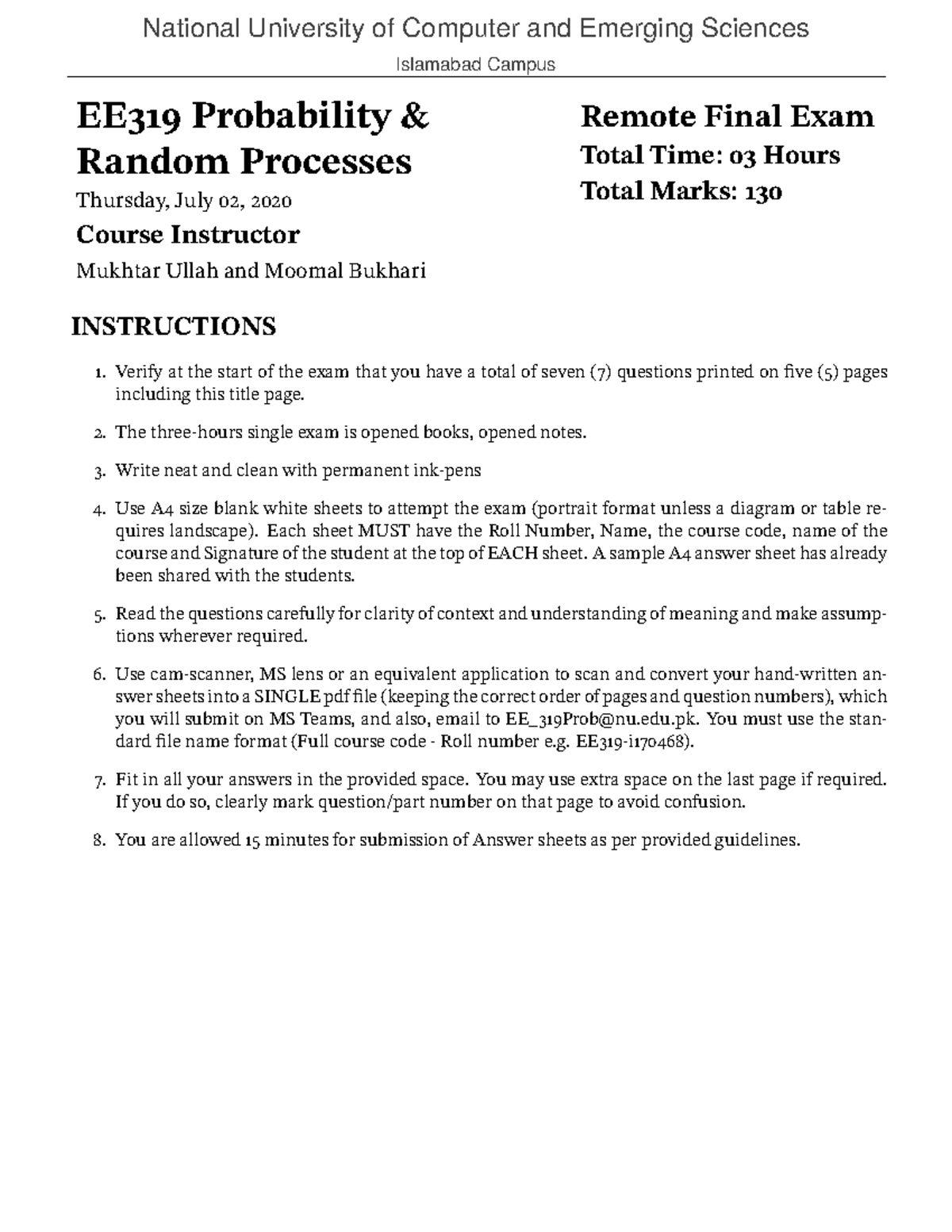 EE319-PRP-SP2020-Solution - Islamabad Campus EE319 Probability & Random Processes Thursday, July ...